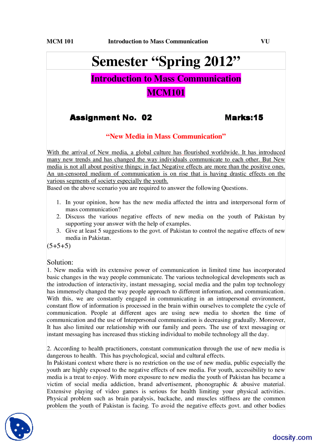 Cable Television in Pakistan Part 2-Mass Communication-Assignment Solution - Docsity