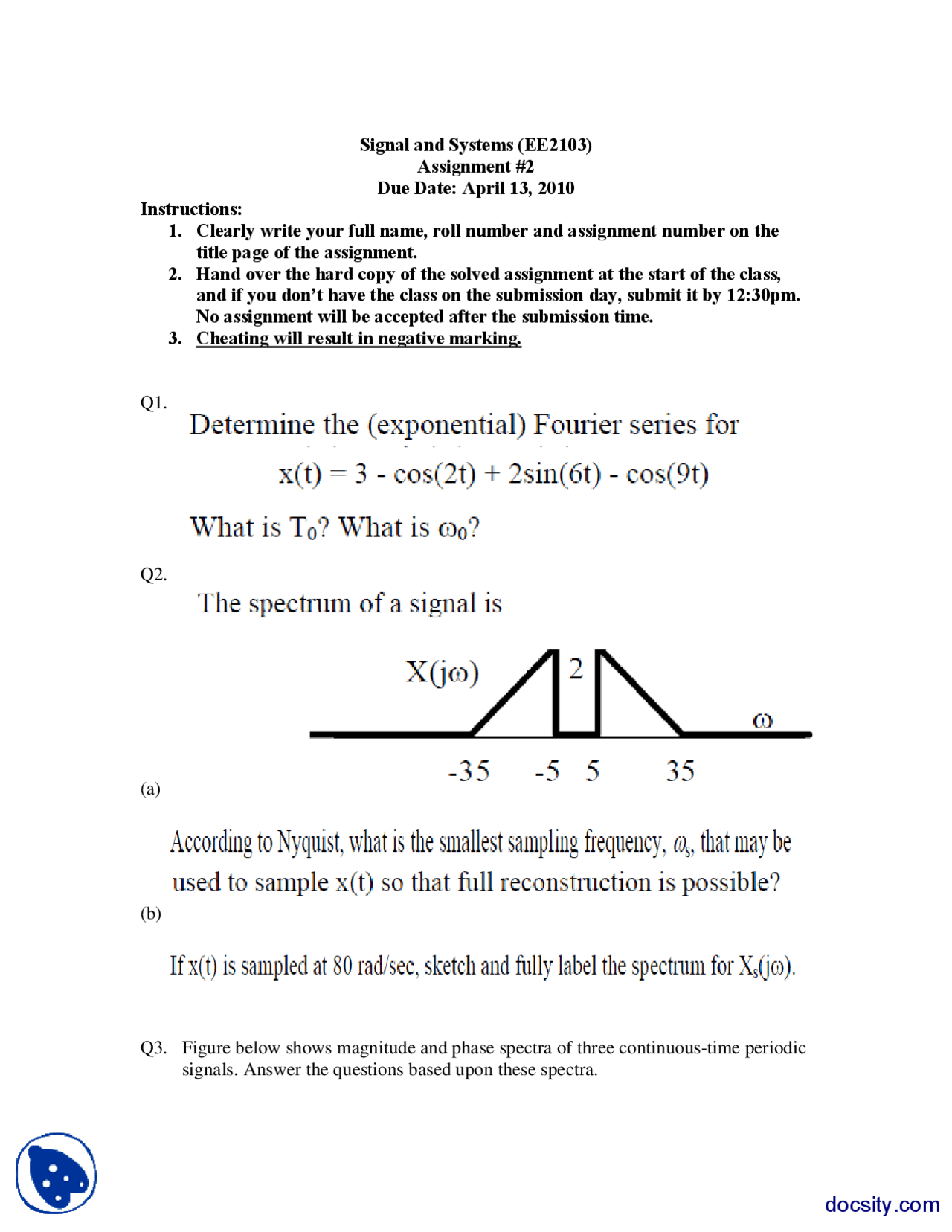 Fourier Series Signals And Systems Assignment Statement Docsity