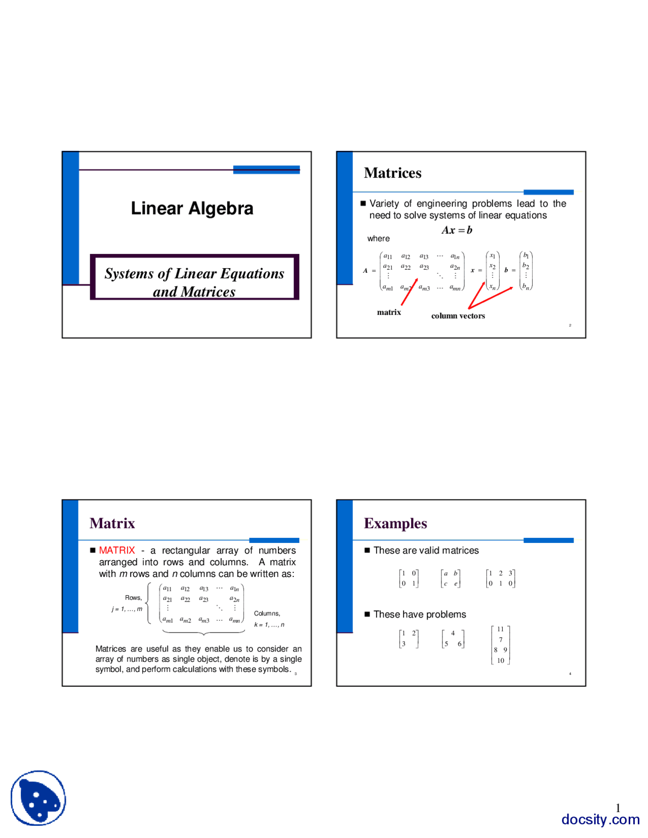 System Of Linear Equations And Matrices Linear Algebra Lecture Slides