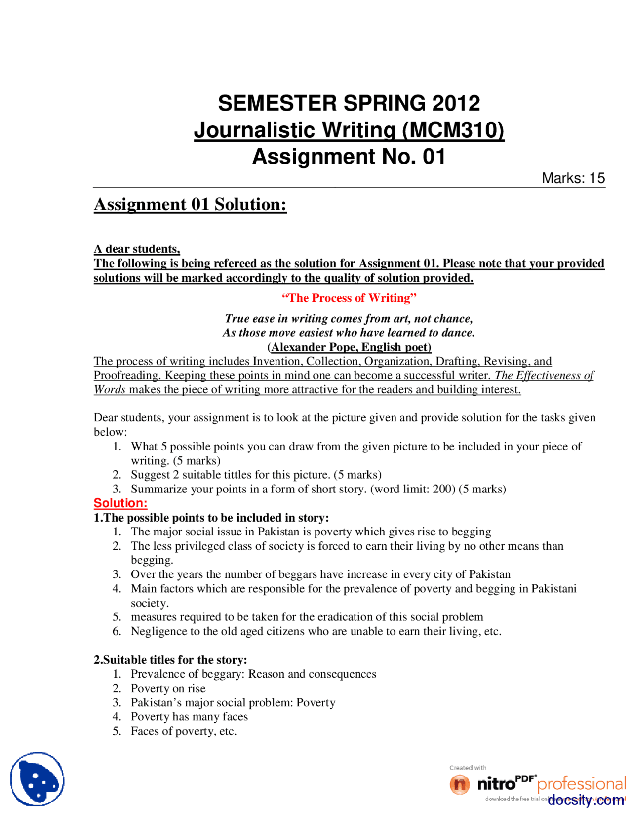 The Process Of Writing Part 1 Mass Communication Assignment Solution