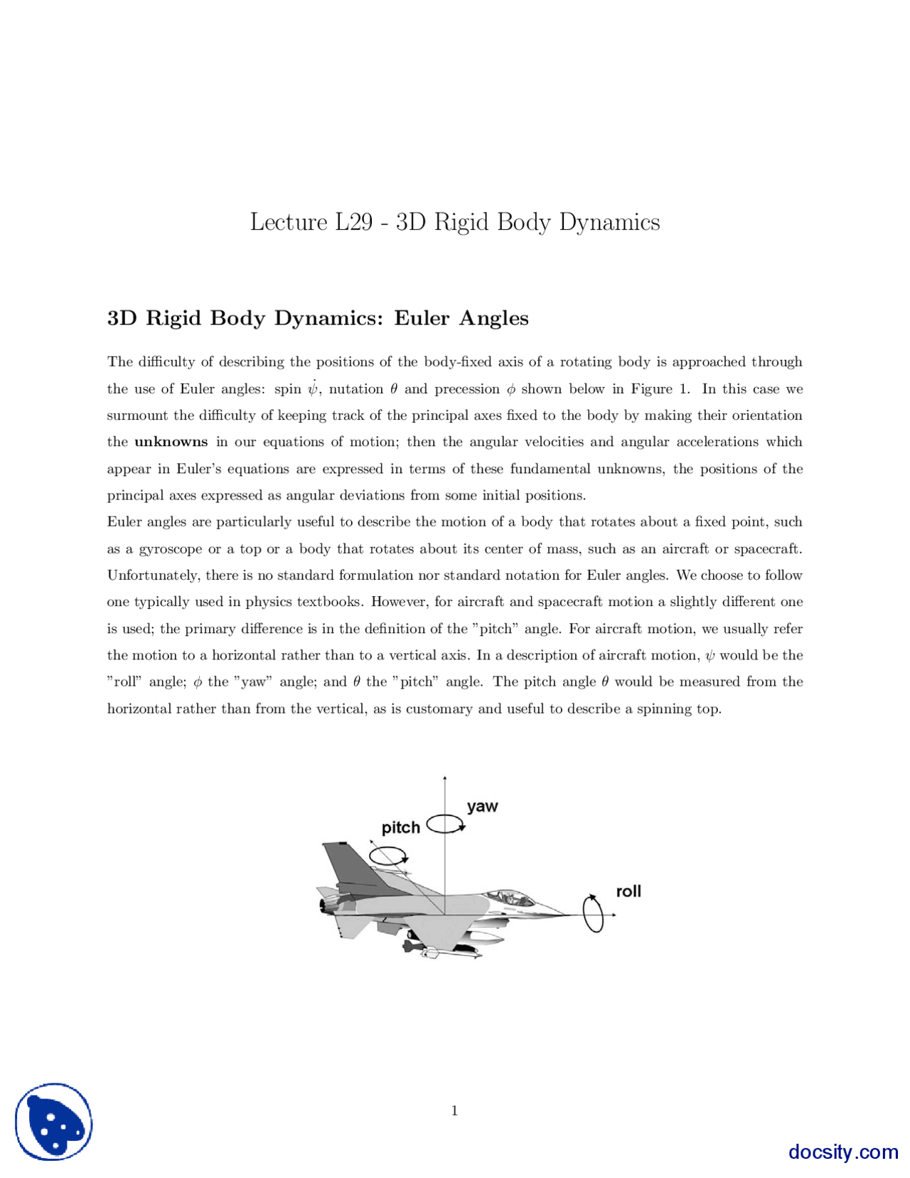 3D Rigid Body Dynamics-Classical Mechanics-Lecture Handout - Docsity