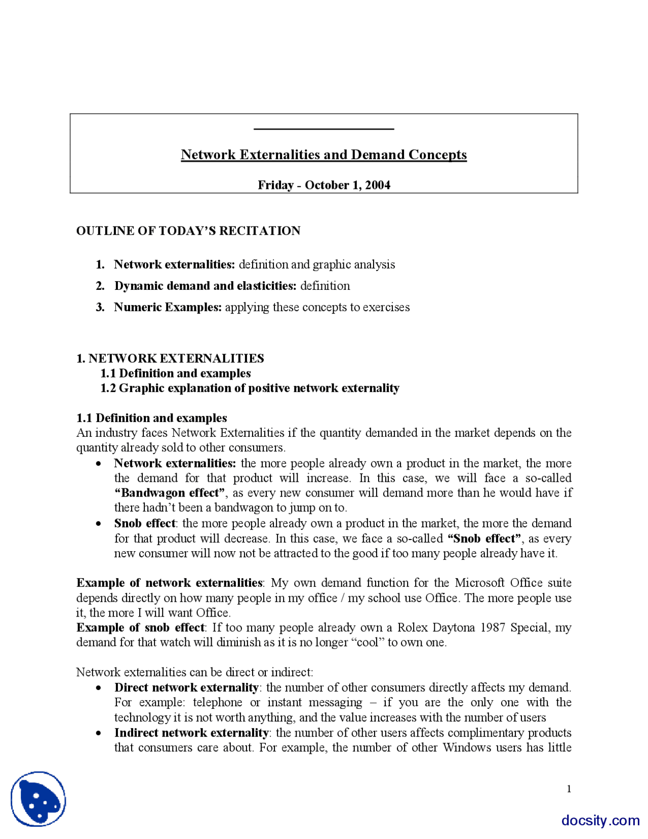 Network Externalities and Demand Concepts-Marketing-Lecture Handout - Docsity