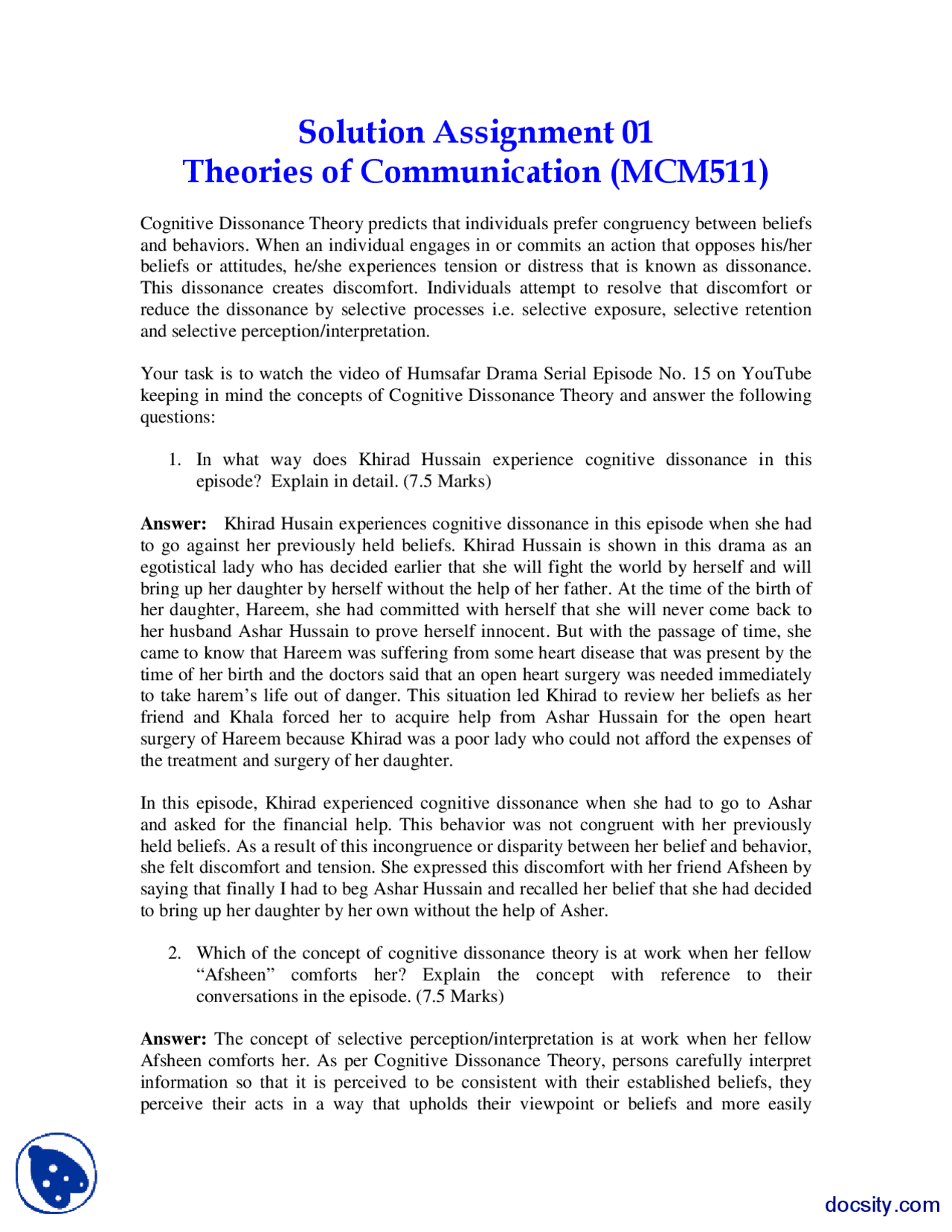 Cognitive Dissonane Theory Part 1 Mass Communication Assignment