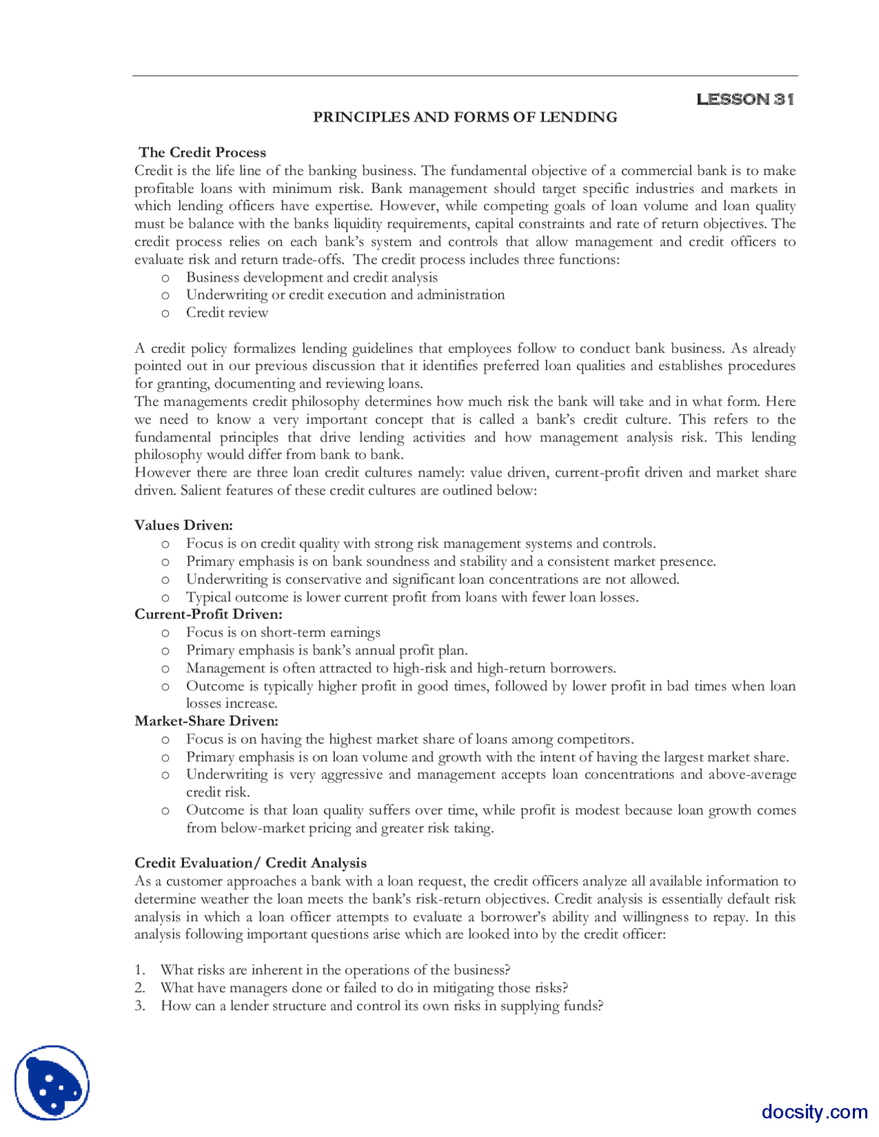 Lesson 31 Principles And Forms Of Lending-Banking and Finance-Handout ...
