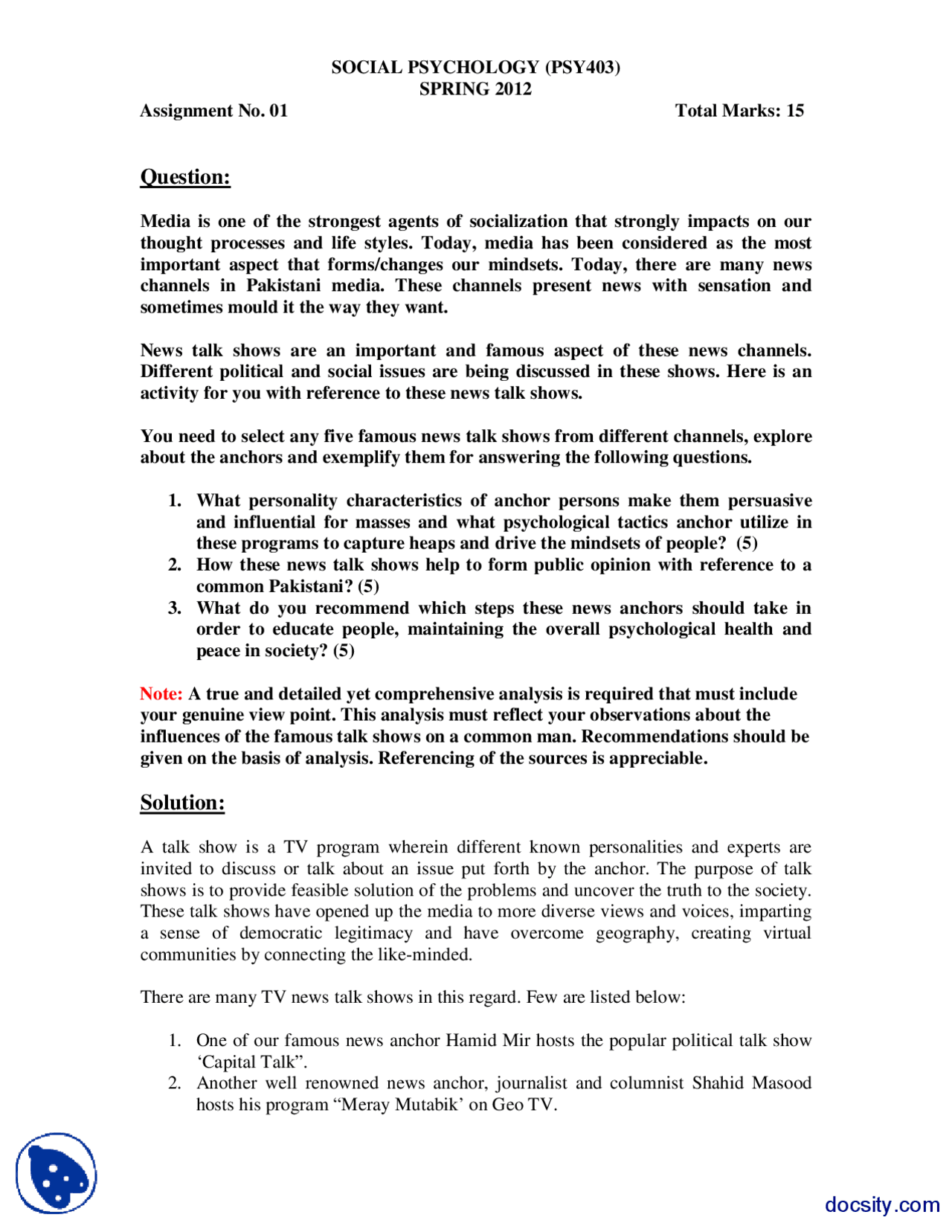 Media Part 1 Psychology Assignment Solution Docsity