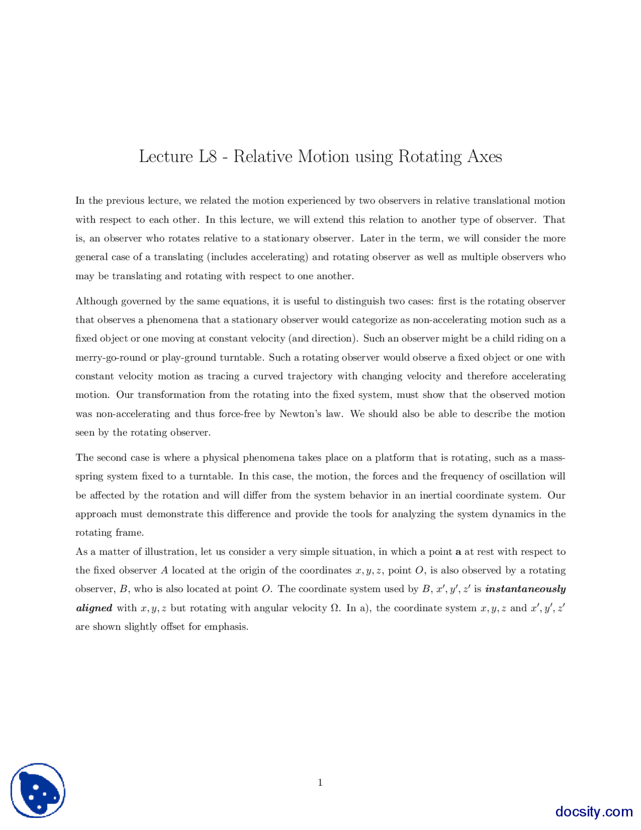 Relative Motion using Rotating Axes-Classical Mechanics-Lecture Handout - Docsity