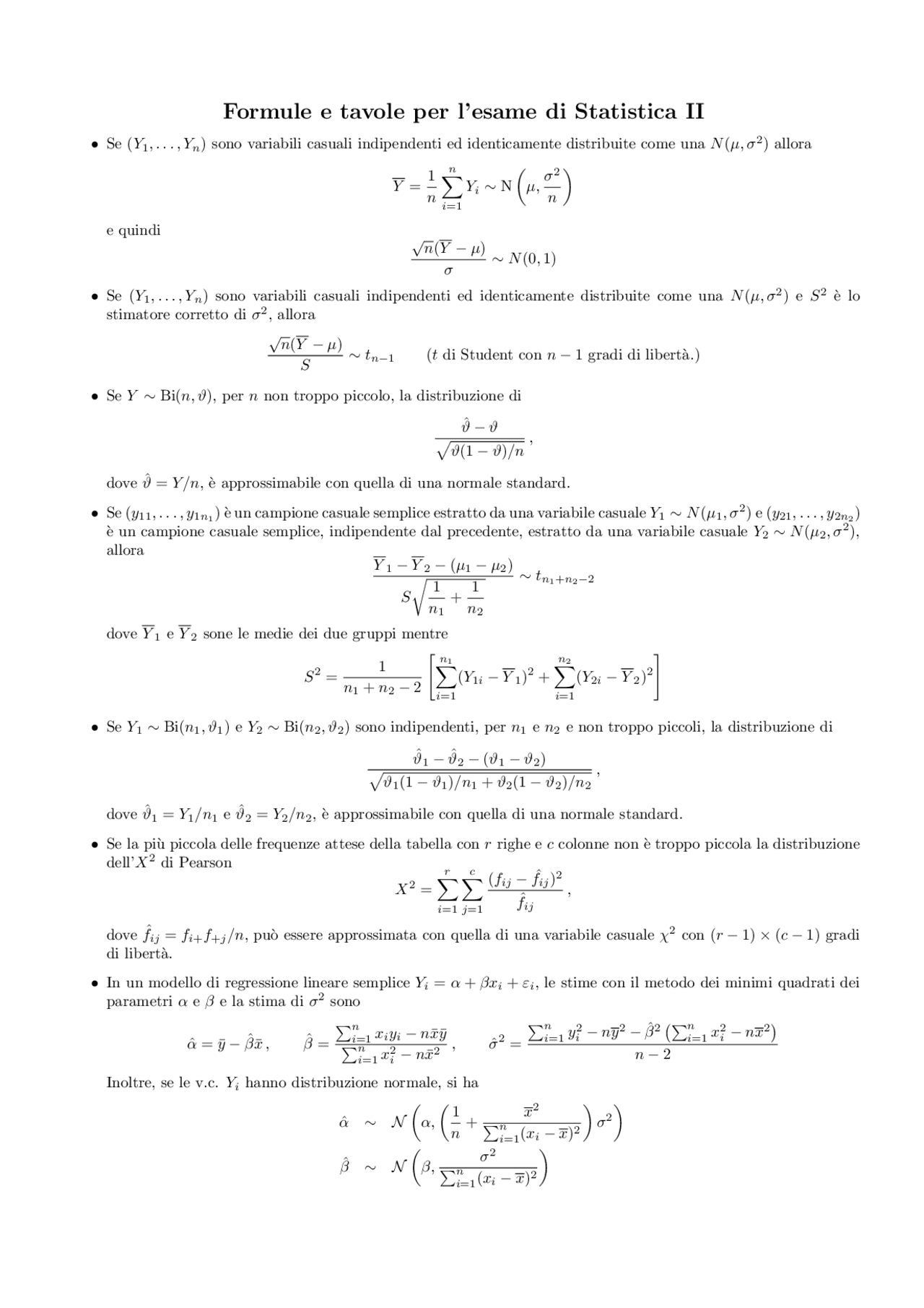 Formule e tavole per Statistica II-Statistica Inferenziale | Formulari ...