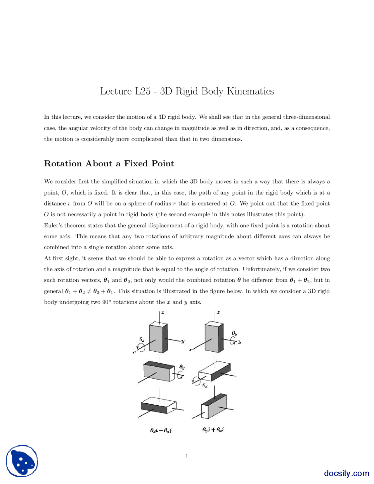 3D Rigid Body Kinematics-Classical Mechanics-Lecture Handout - Docsity