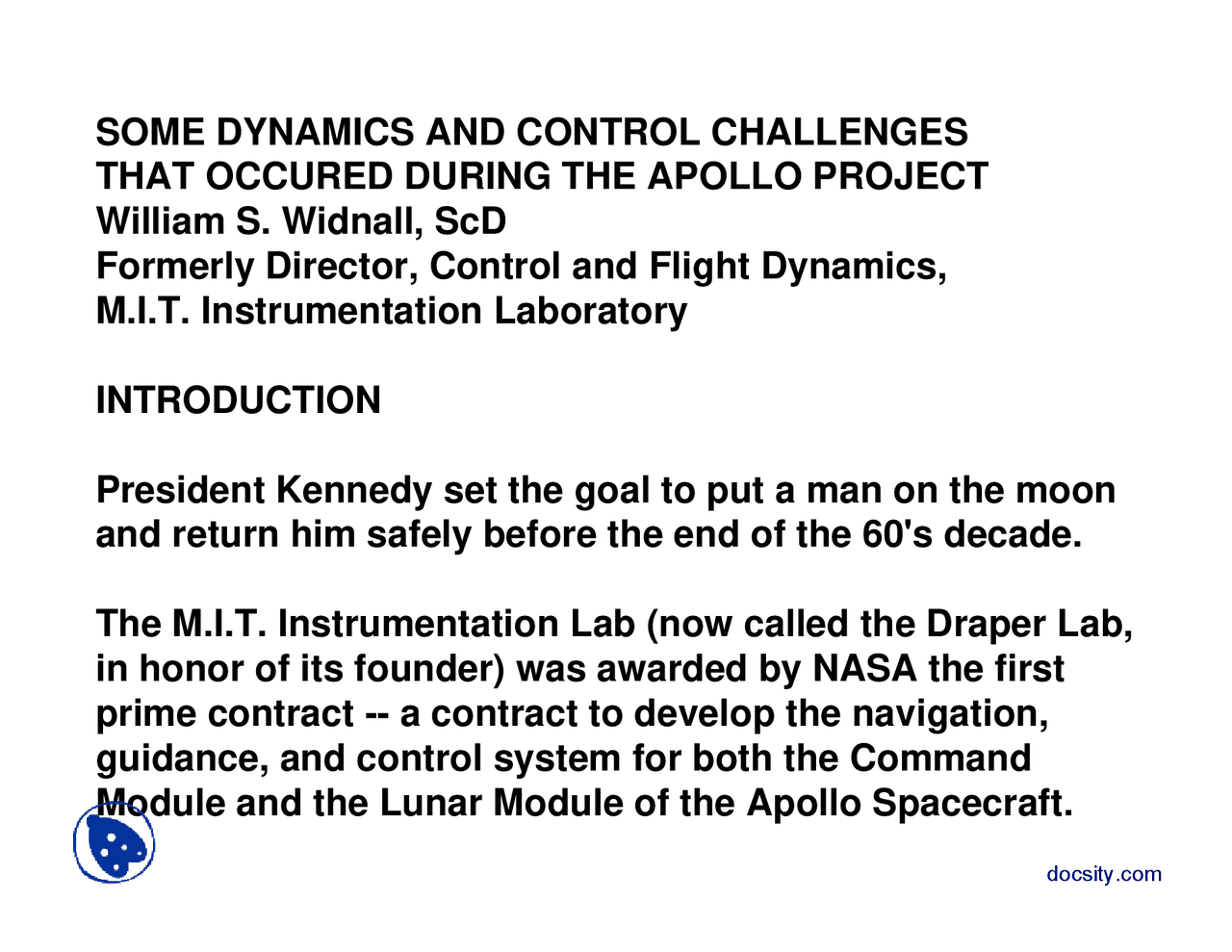 Dynamic Control Challanges-Classical Mechanics-Lecture Handout - Docsity