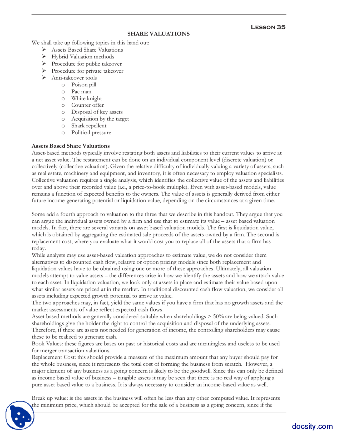 Lecture 35 Share Valuation Corporate Finance Lecture Notes Docsity