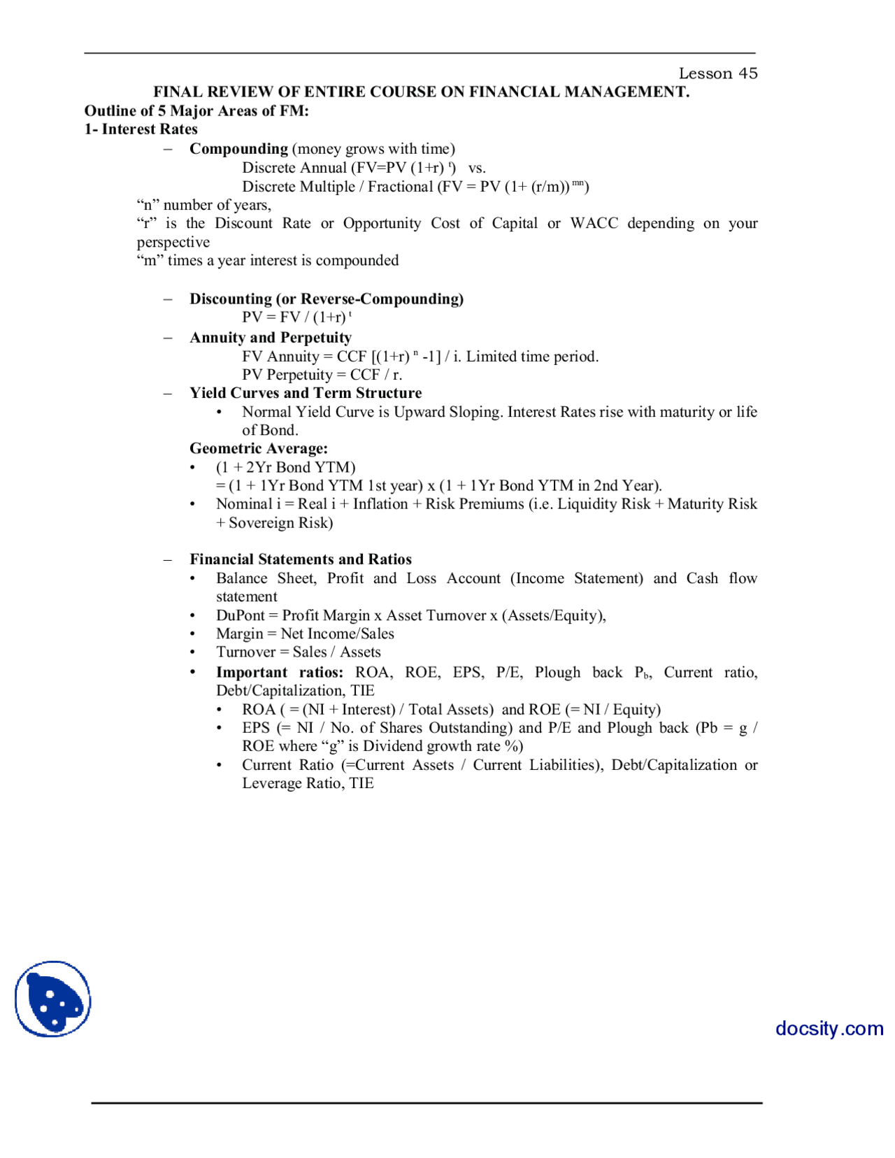 Final Review-Financial Management-Handouts - Docsity