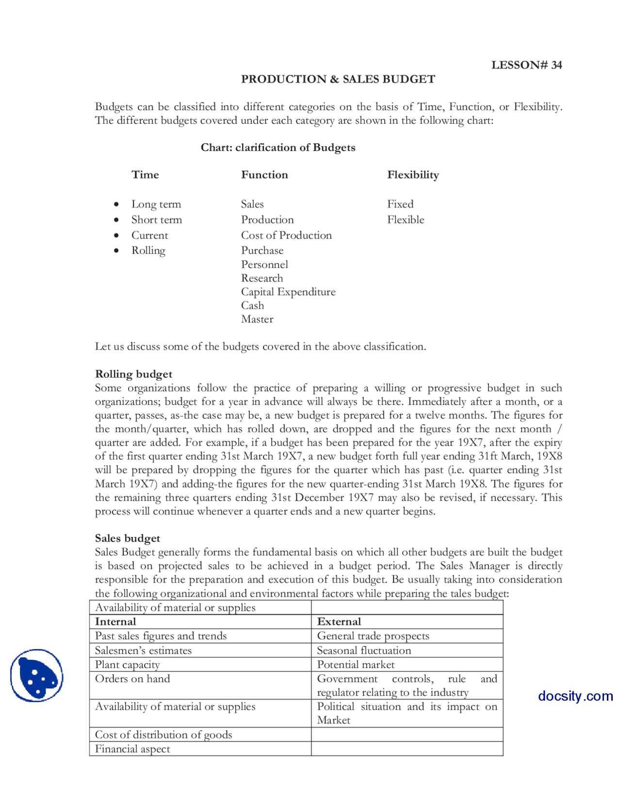 Production And Sales Budget Accounting Lecture Notes Docsity