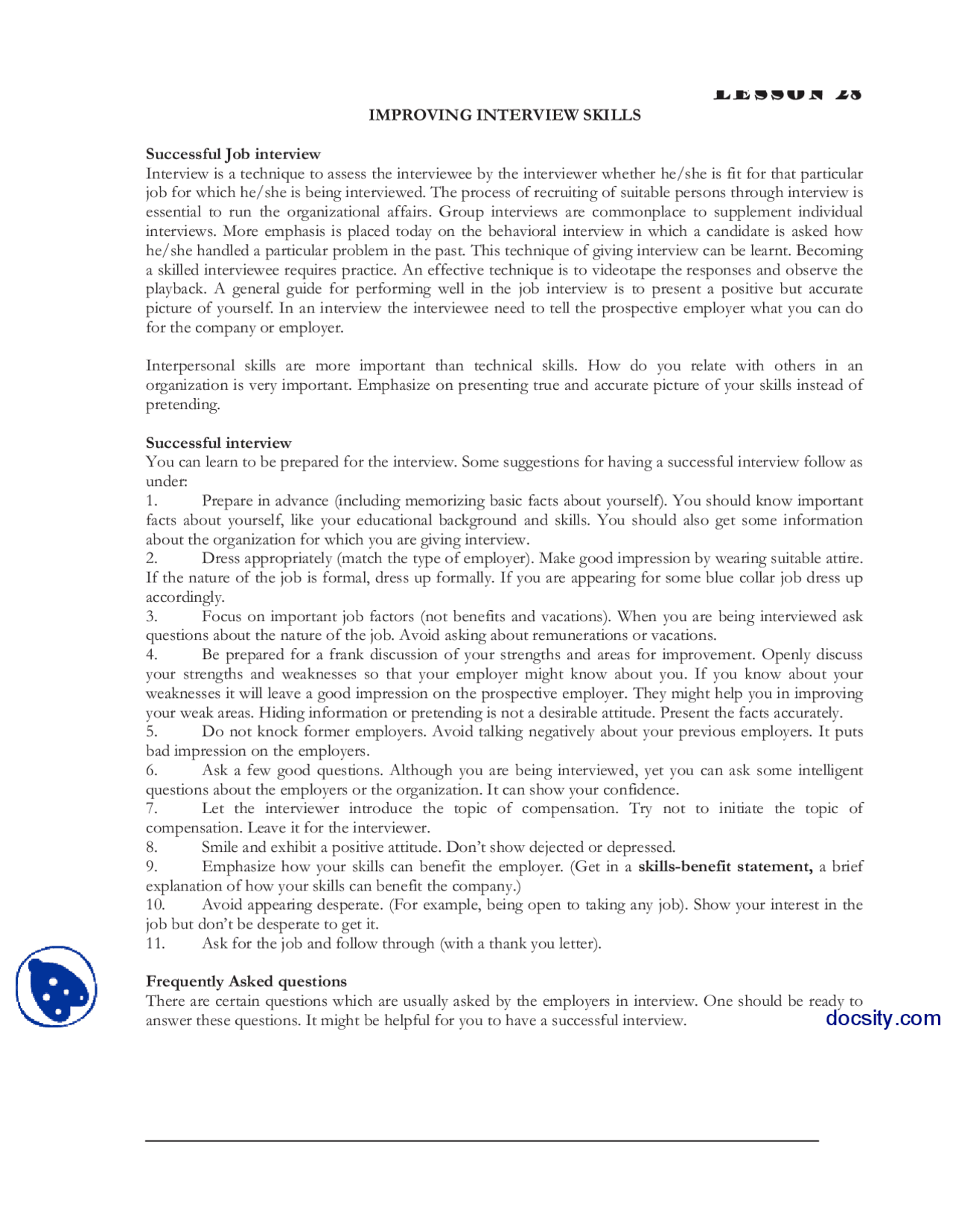 Improving Interview Skills Human Relation Lecture Notes Docsity