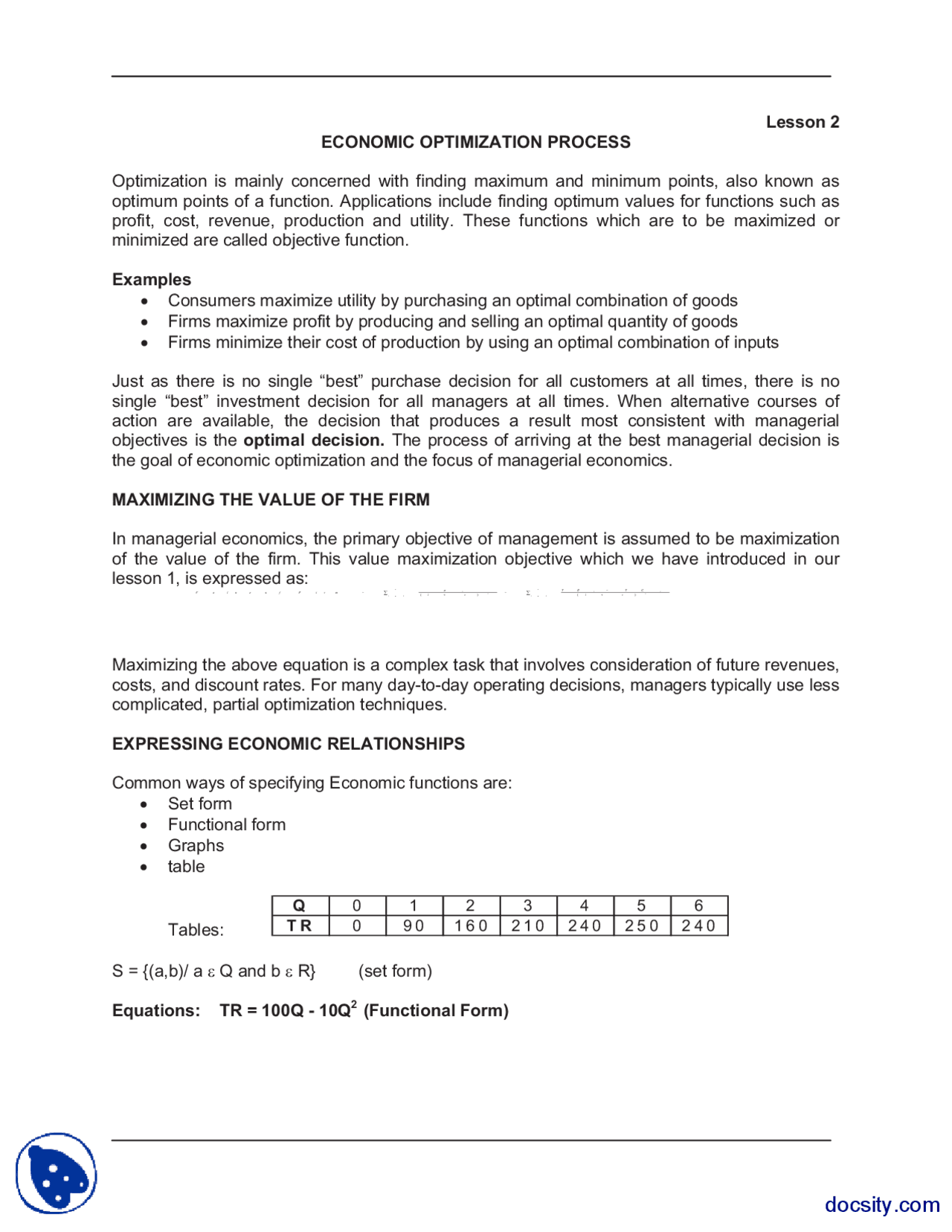 Economic Optimization Process Managerial Economics Lecture Notes