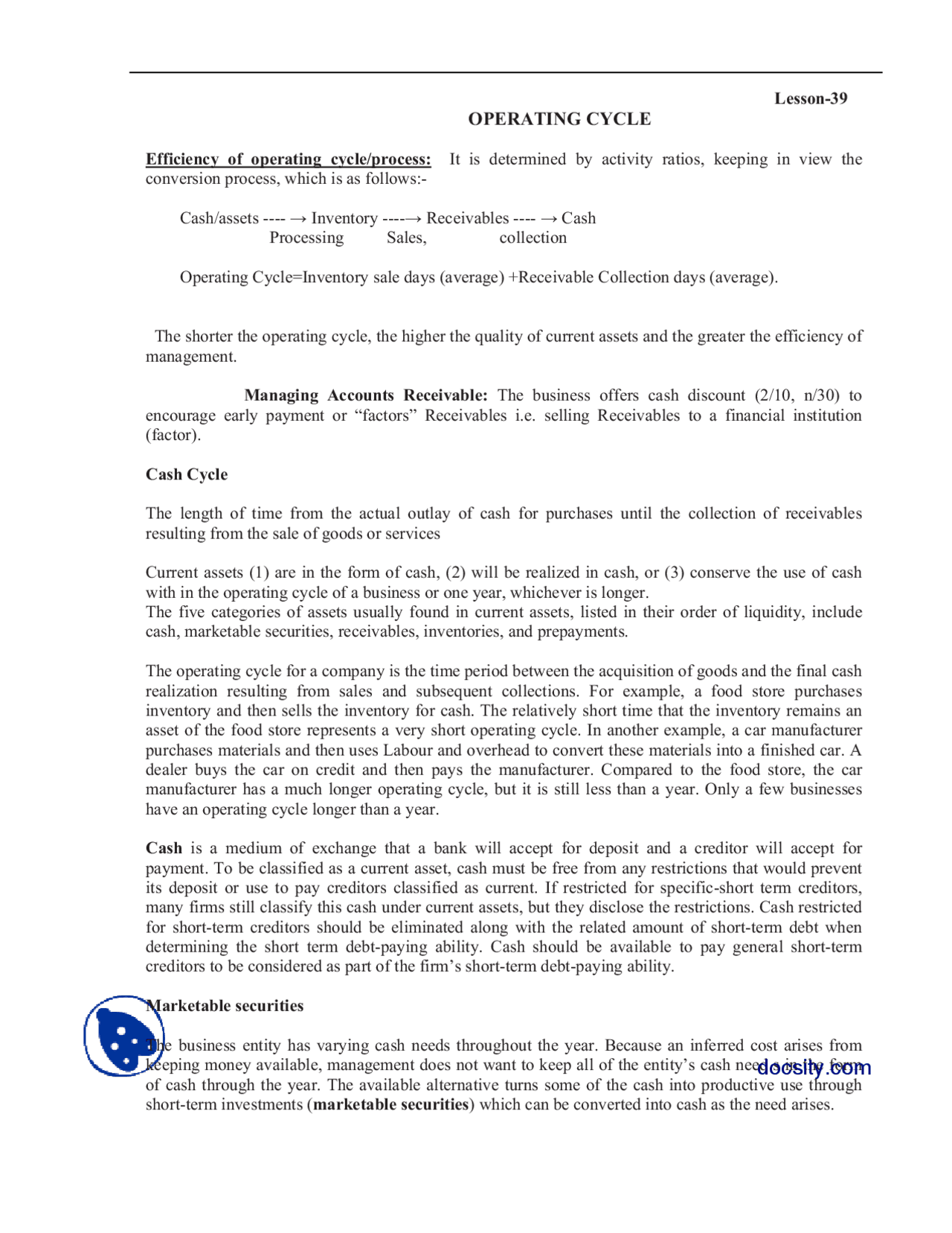 Operating Cycle Finacial Statment Analysis Lecture Notes Docsity