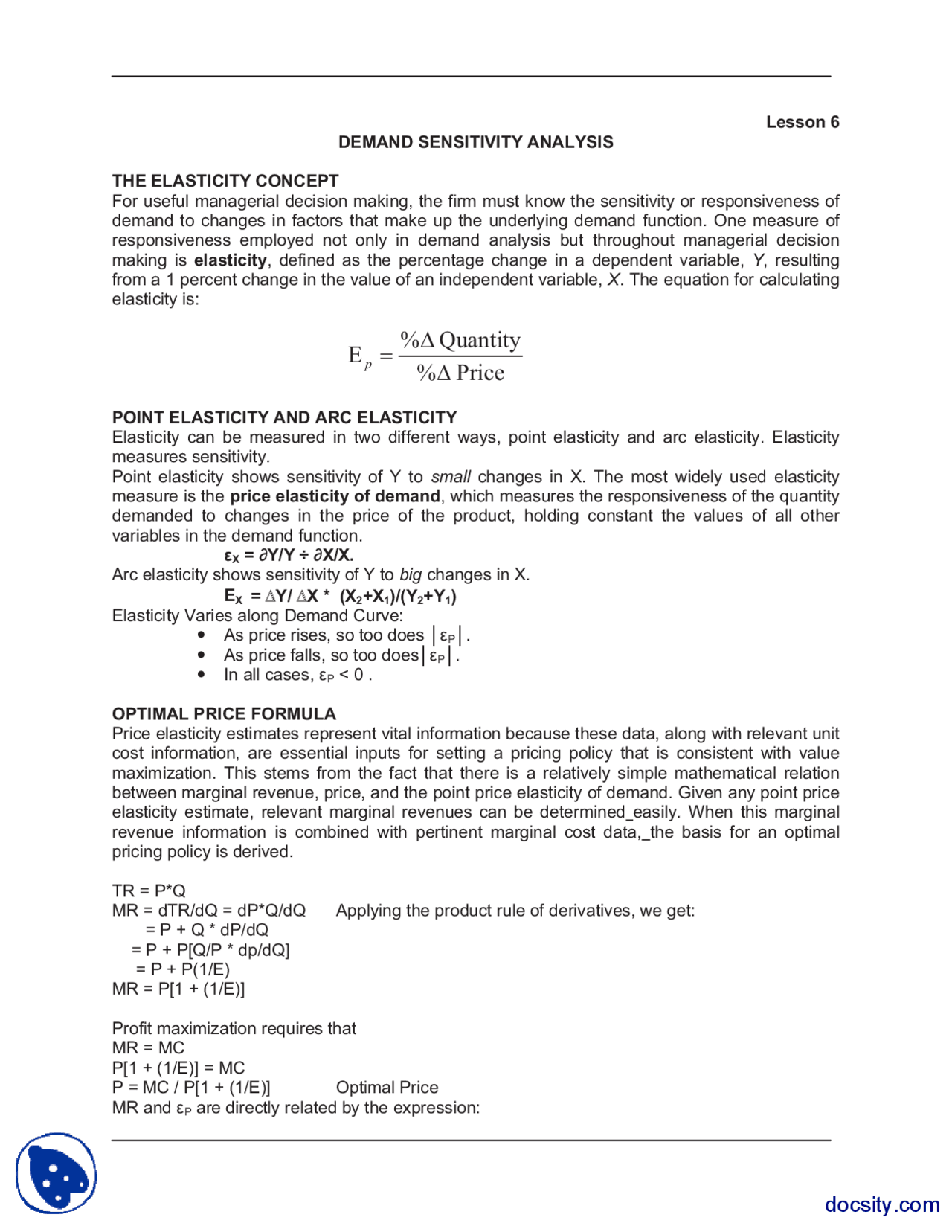 Demand Sensitivity Analysis Managerial Economics Lecture Notes Docsity