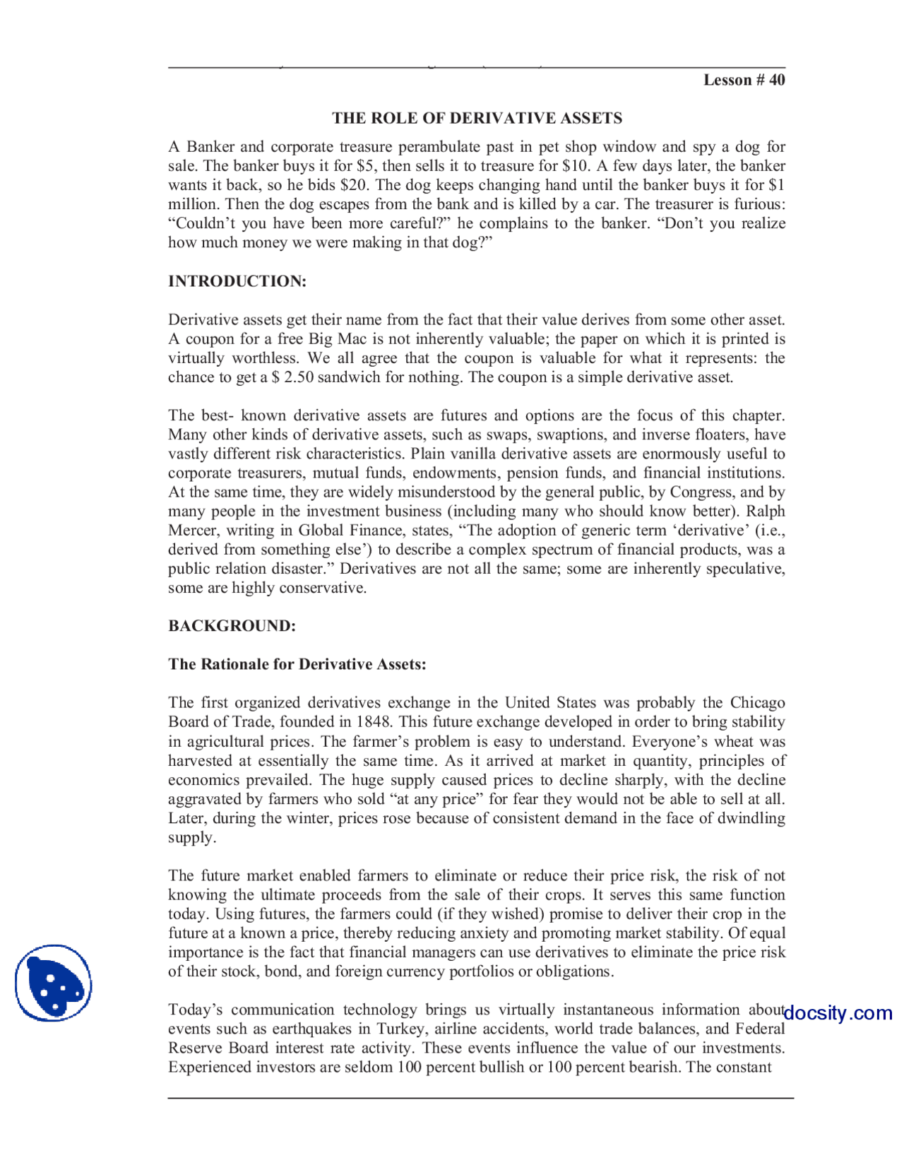 The Role Of Derivative Assets Investment Managment And Portfolio