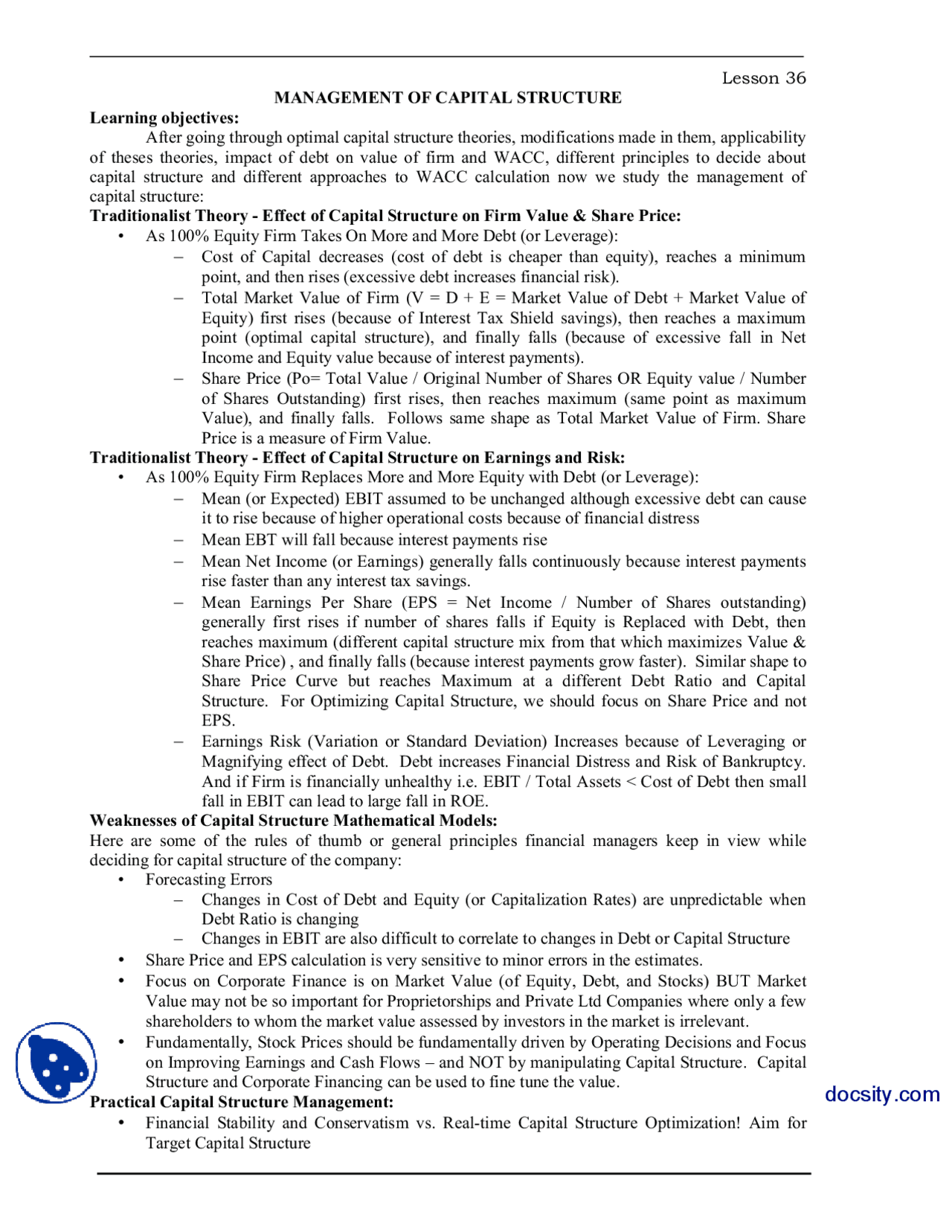 Management Of Capital Structure-Financial Management-Handouts | Lecture ...