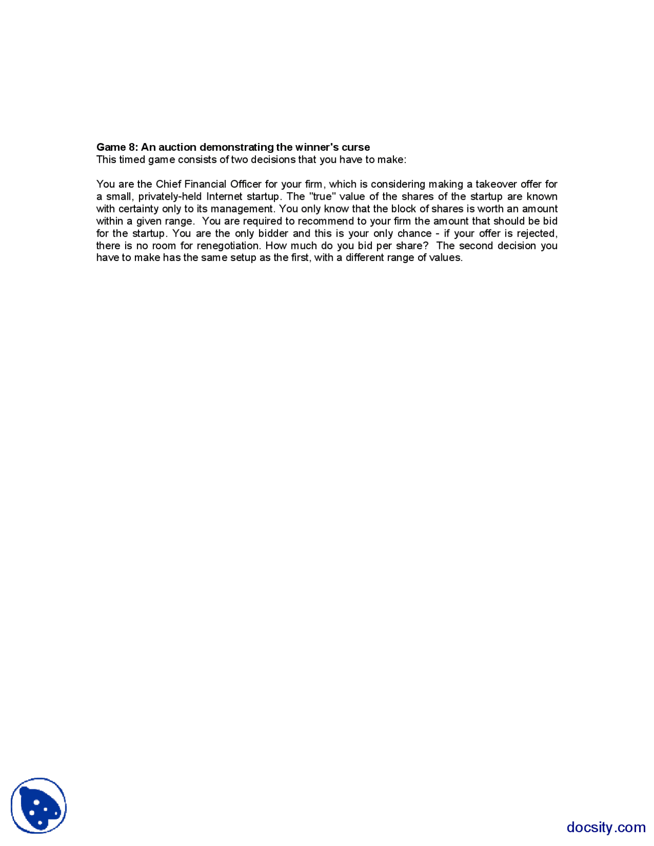 Winners Curse Game Theory For Managers Handout Docsity