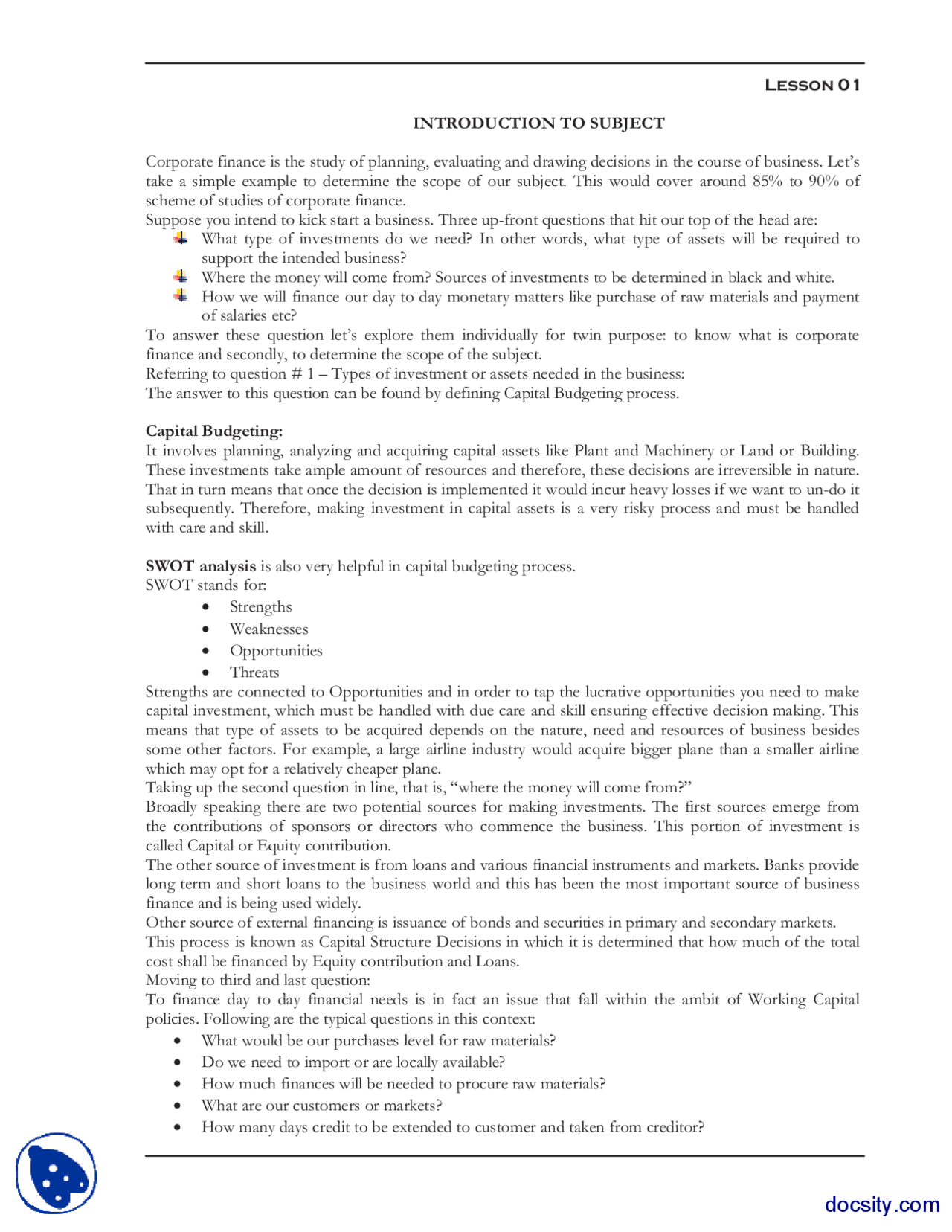 Lecture 1 Introduction Corporate Finance Lecture Notes Docsity