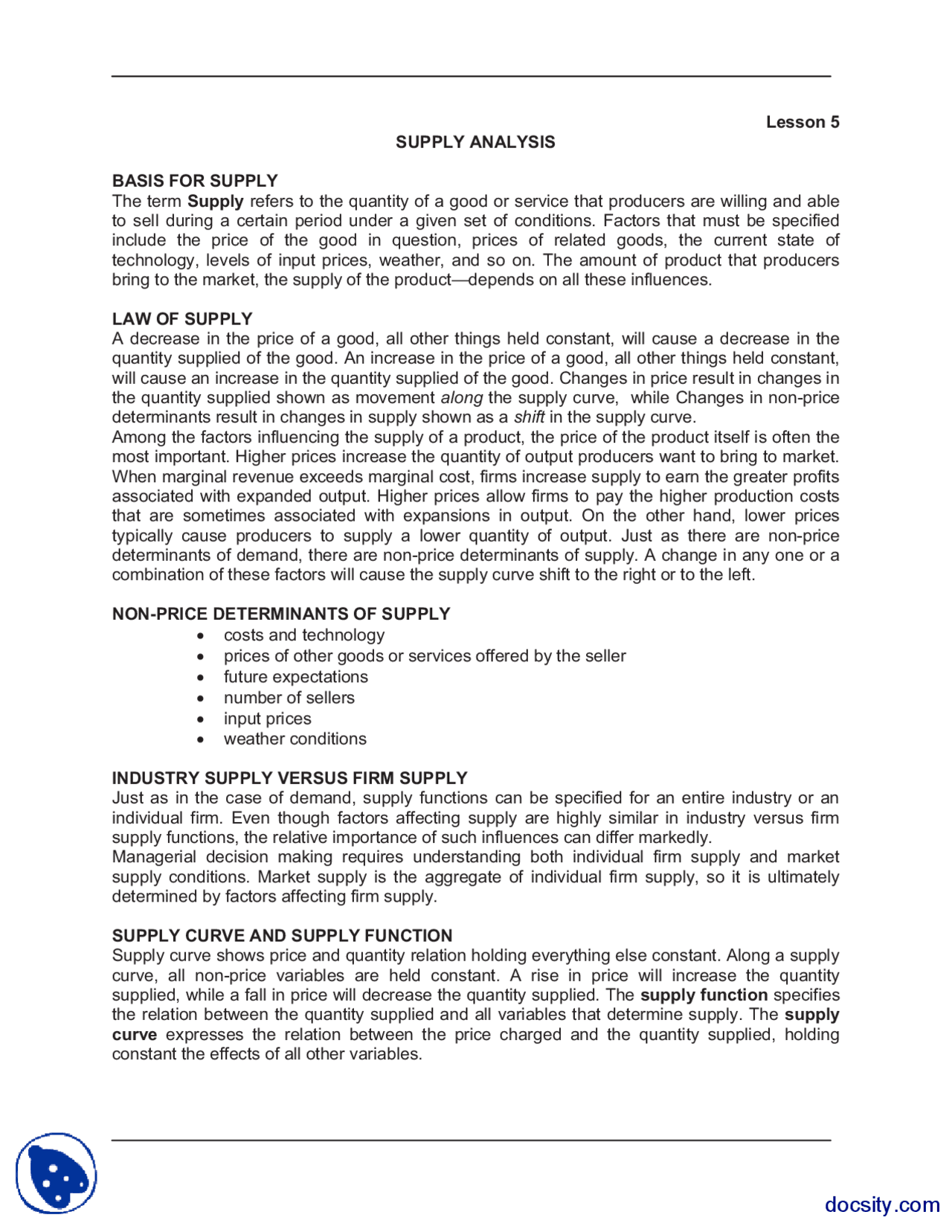 Supply Analysis-Managerial Economics-Lecture Notes | Study notes ...