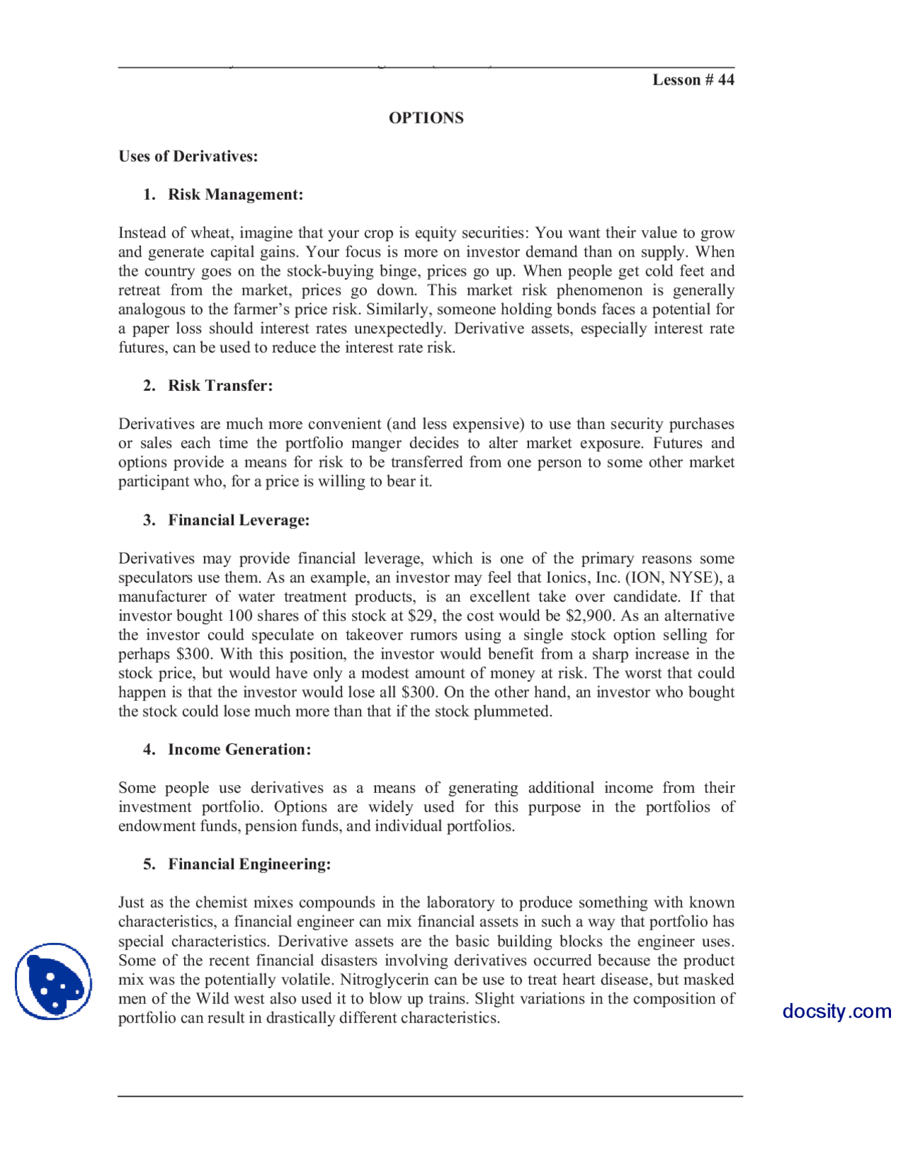 Options Investment Managment And Portfolio Lecture Notes Docsity