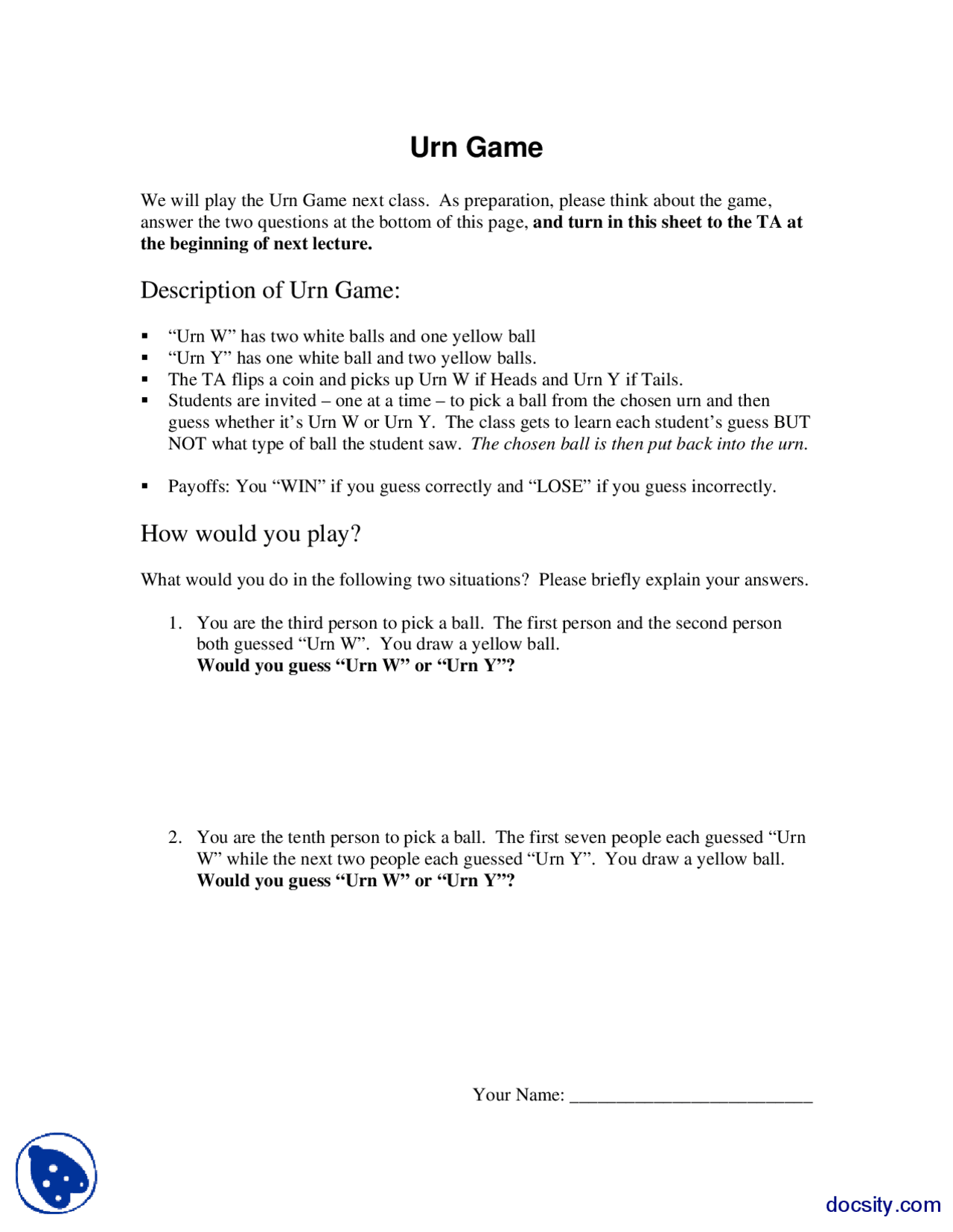 Urn Game Game Theory For Managers Handout Docsity