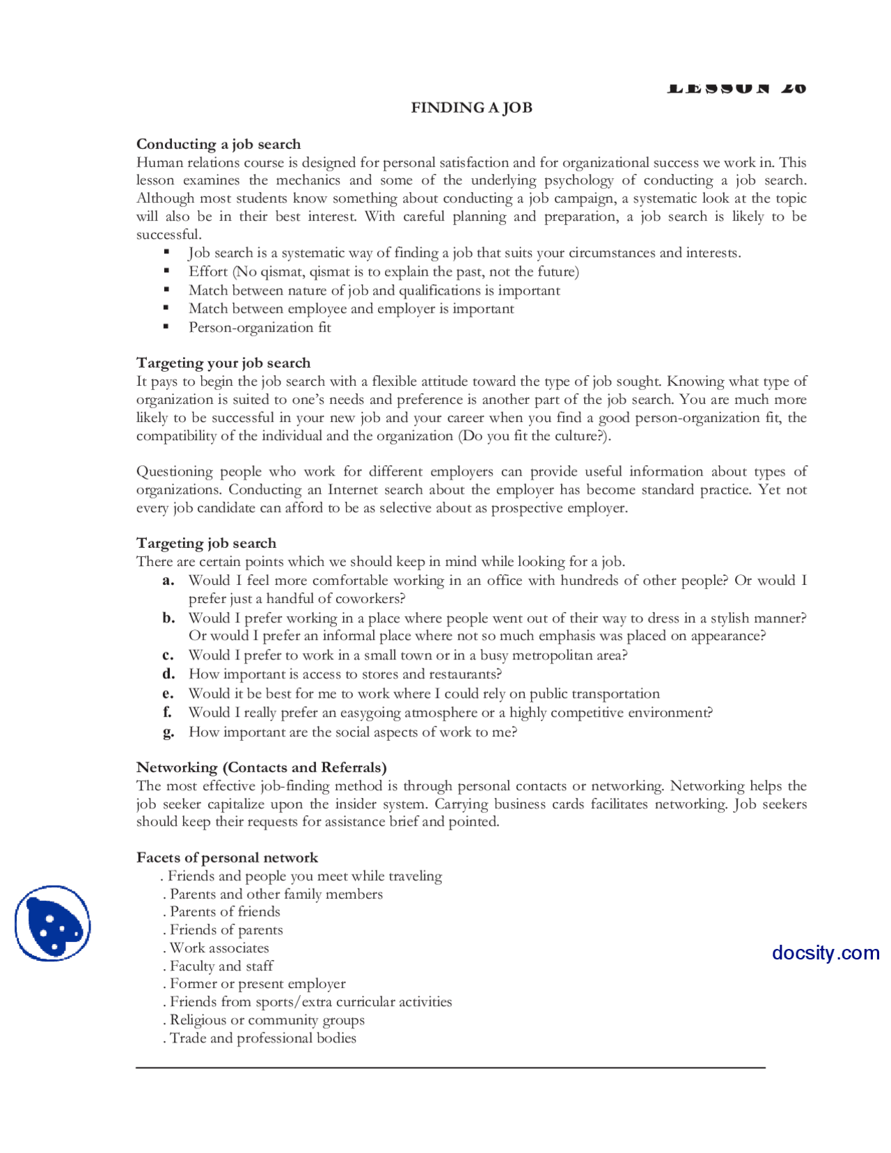 Finding A Job Human Relation Lecture Notes Docsity