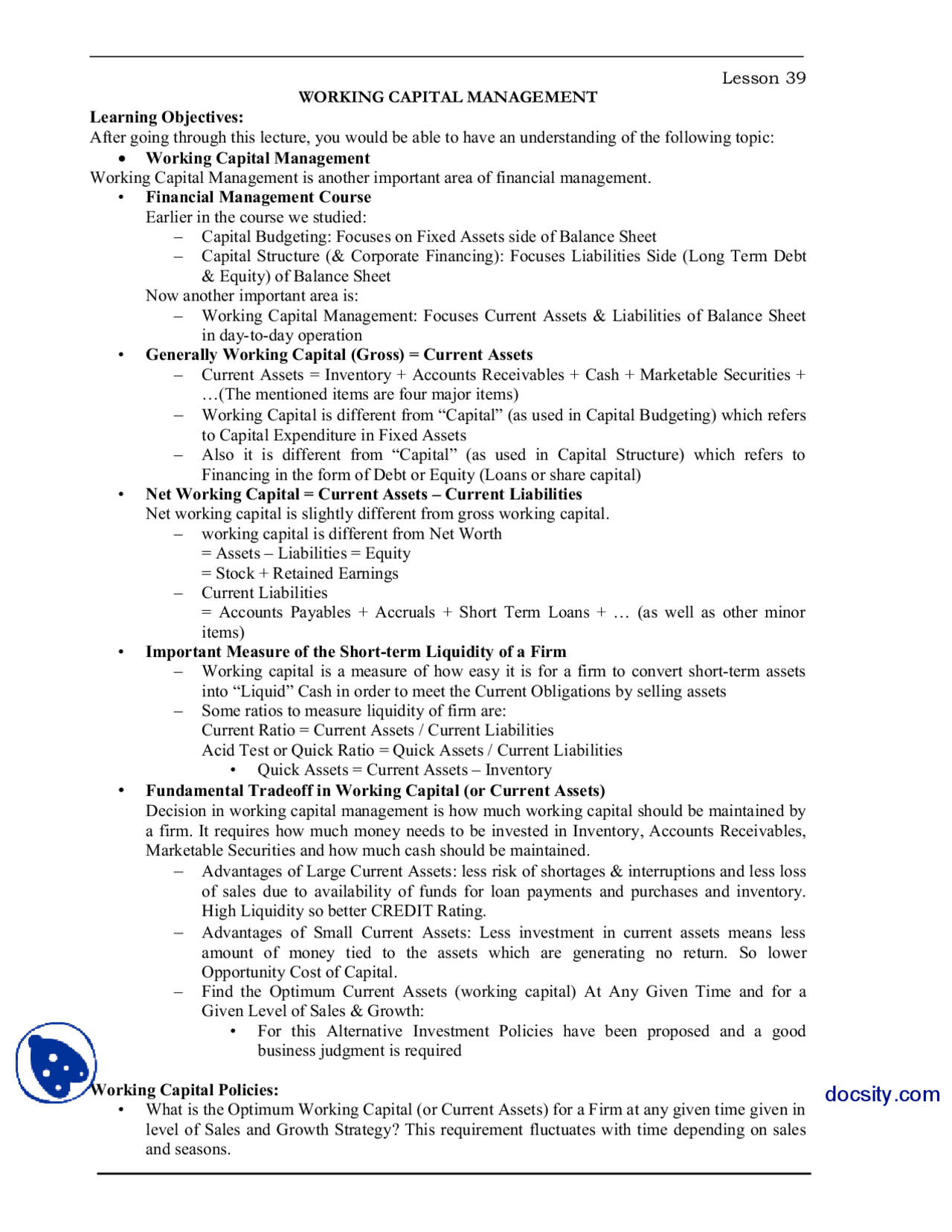 Working Capital Management-Financial Management-Handouts - Docsity