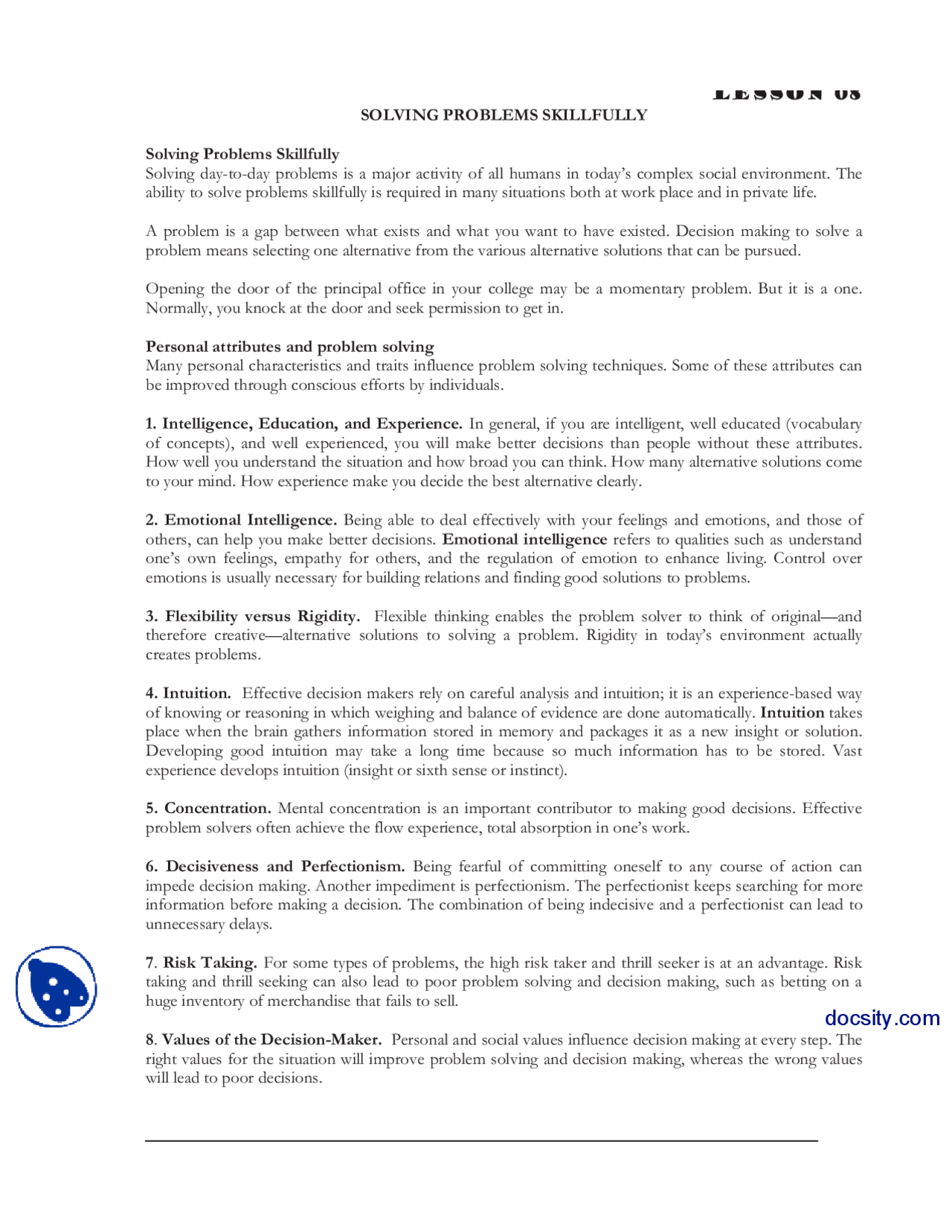 Solving Problems Skillfully Human Relation Lecture Notes Docsity