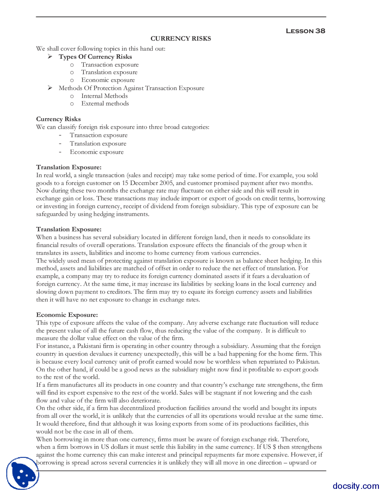 Lecture 38 Currency Risks Corporate Finance Lecture Notes Docsity