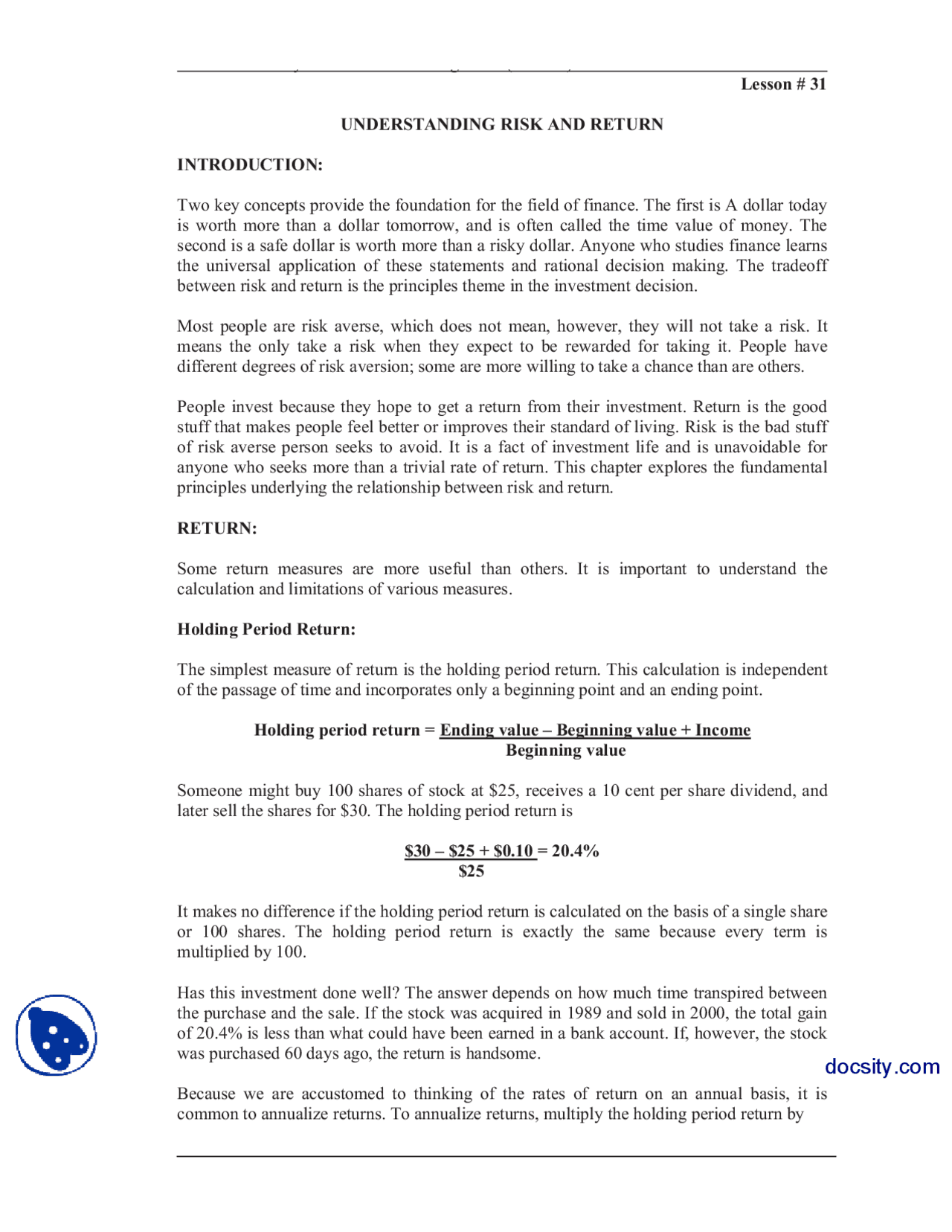 Understanding Risk And Return Lec1 Investment Managment And Portfolio