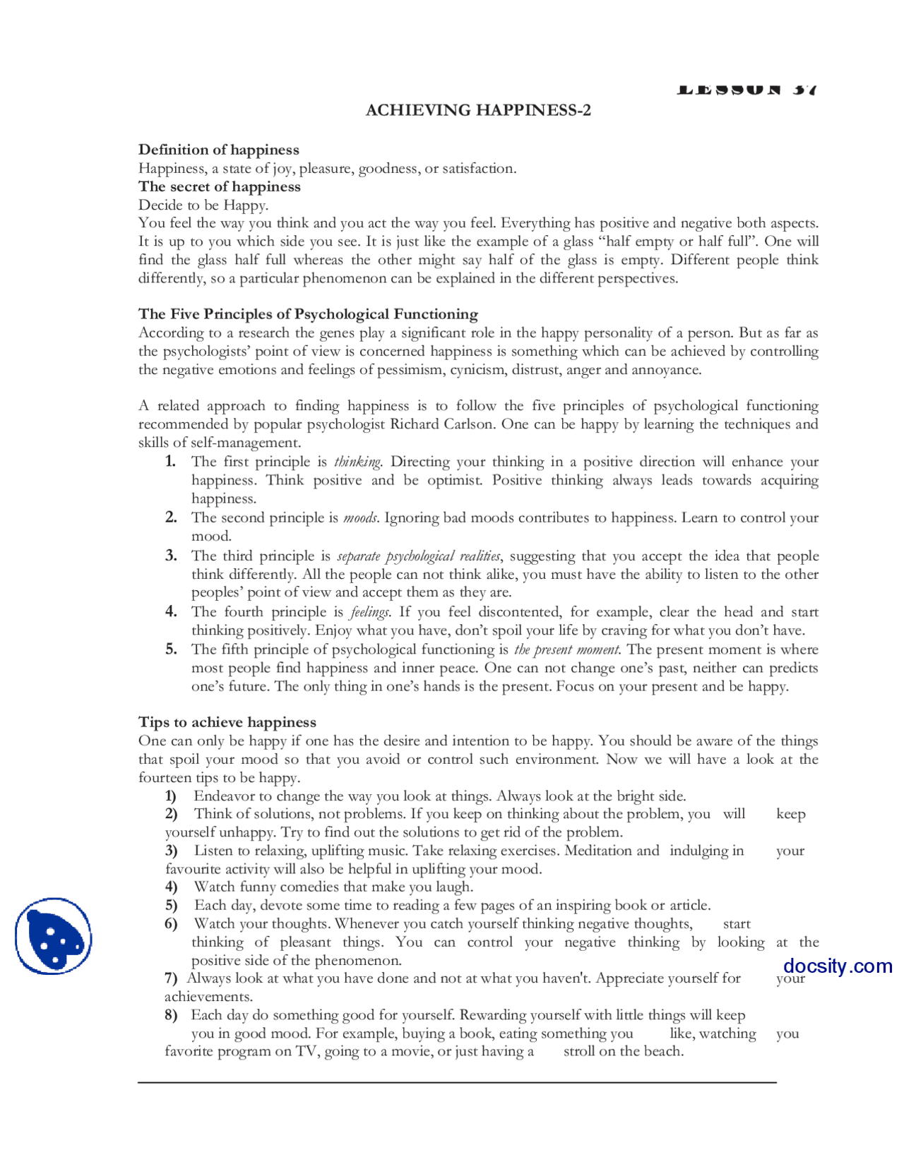 Achieving Happiness Lec2 Human Relation Lecture Notes Docsity