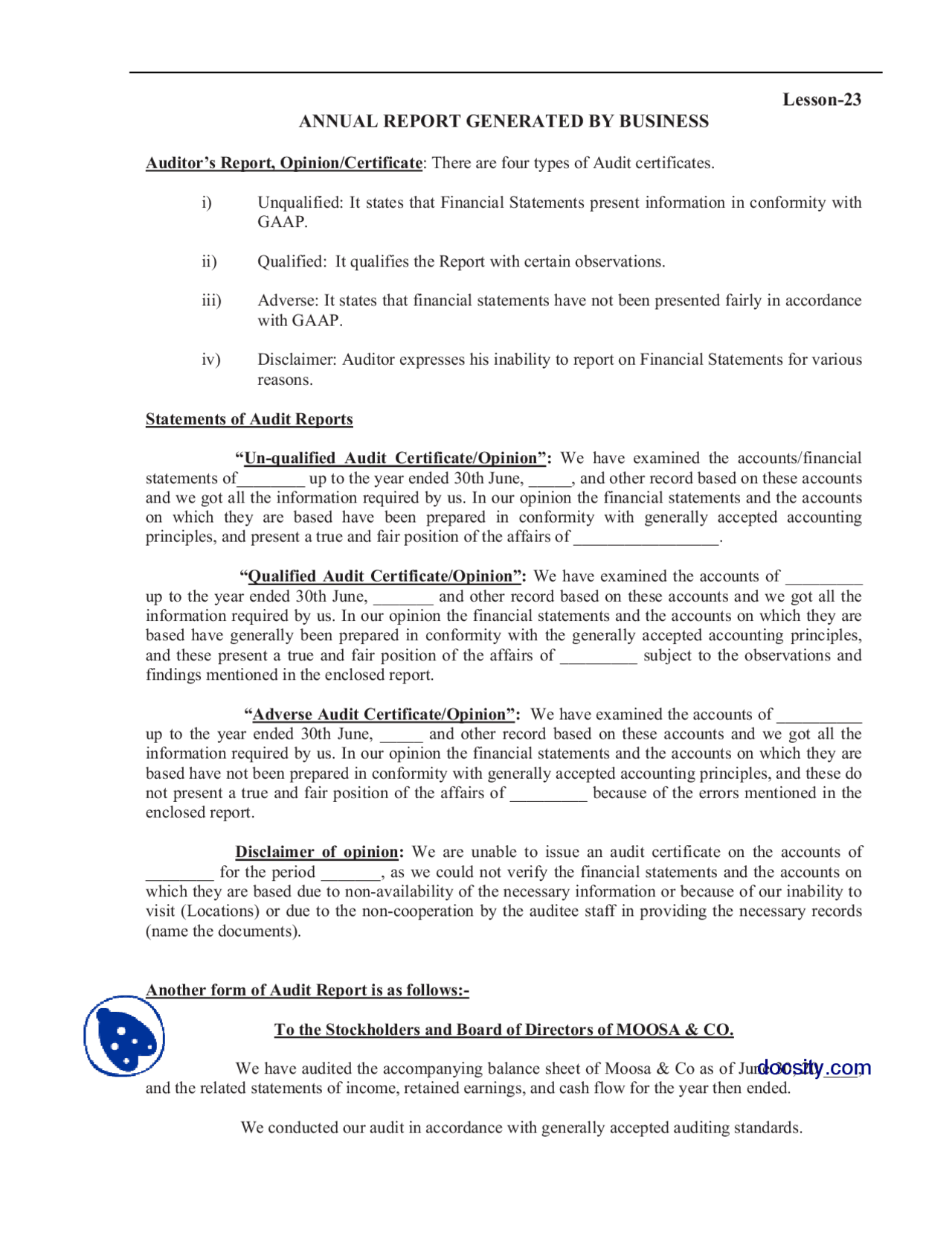Annual Report Generated By Business Finacial Statment Analysis Lecture