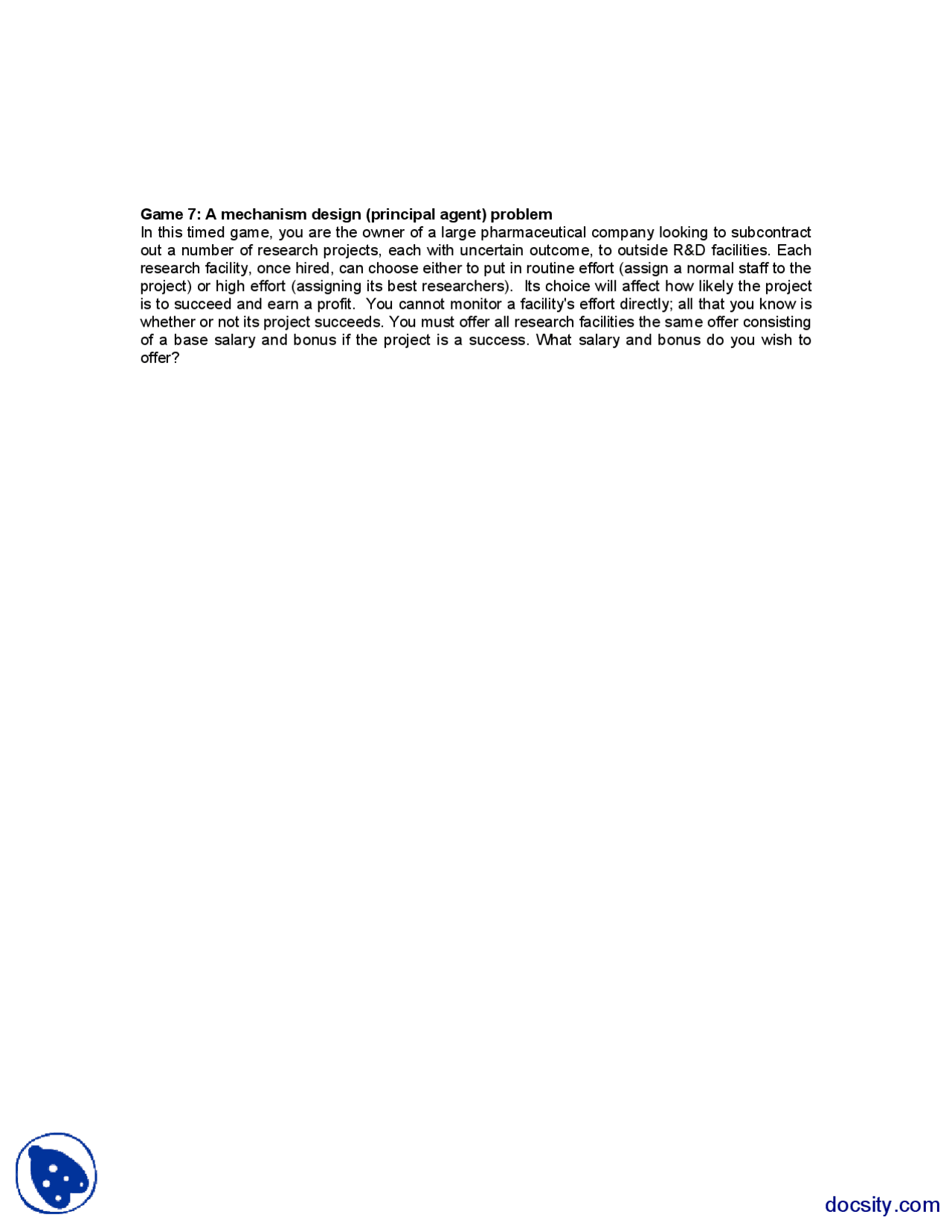 Principal Agent Game Theory For Managers Handout Docsity