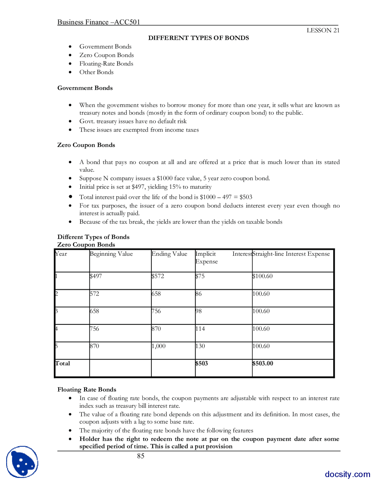 Lesson 21 Types Of Bonds Business Finance Lecture Notes Docsity