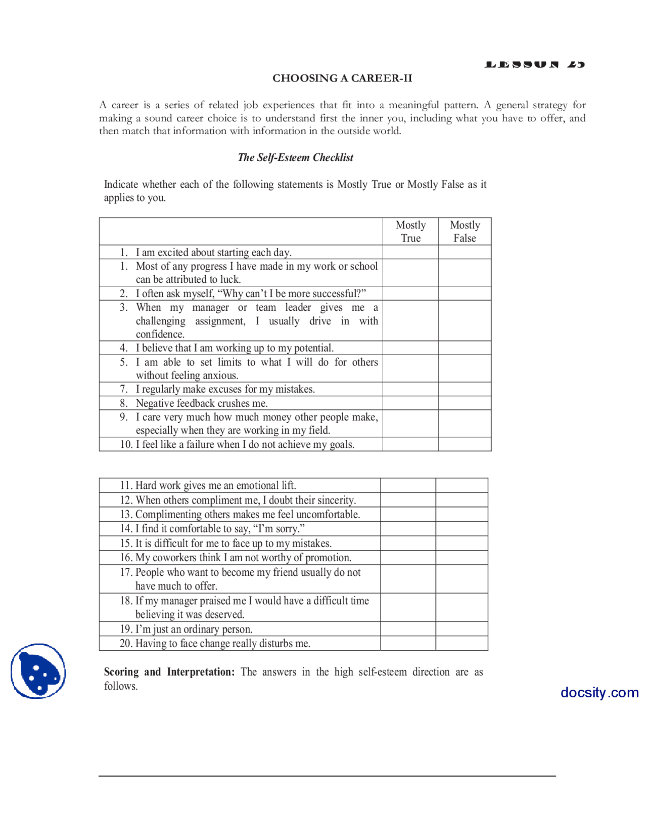 Choosing A Career Lec2 Human Relation Lecture Notes Docsity