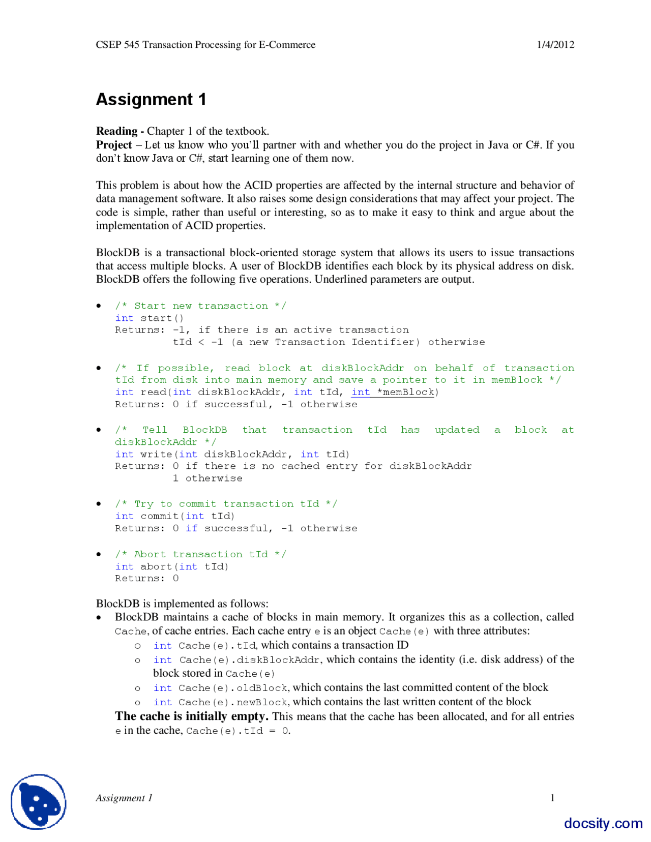 Acid Properties-Transaction Processing For E Commerce-Assignment Statment - Docsity