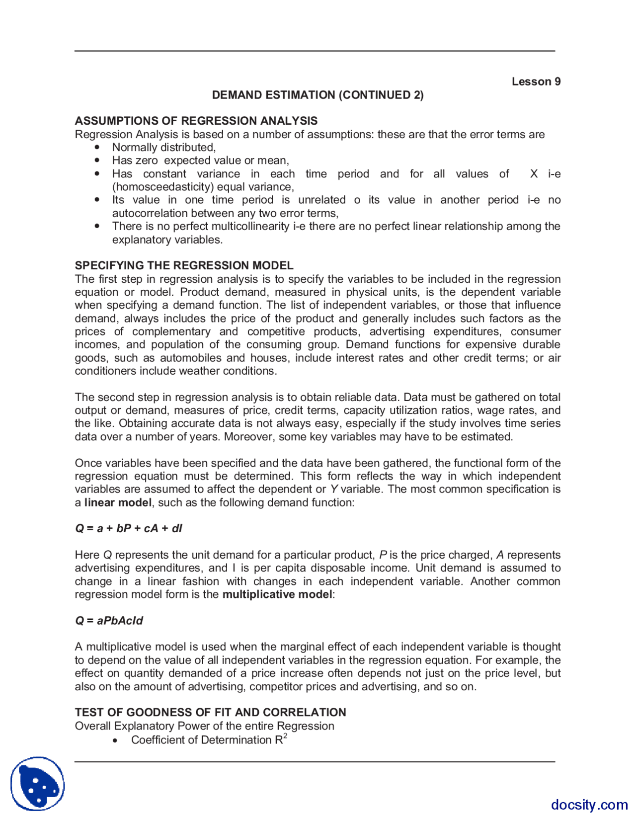 Demand Estimation Continued 2 Managerial Economics Lecture Notes Docsity