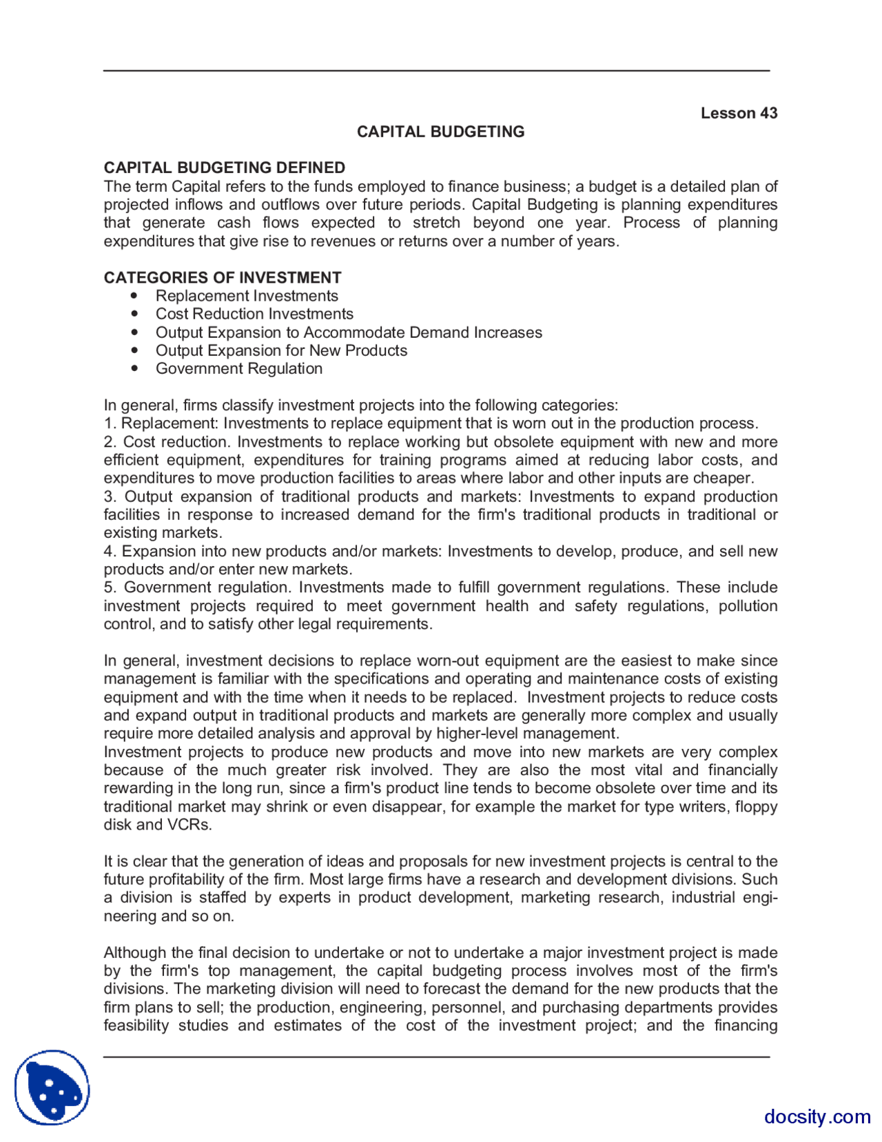 Capital Budgeting Managerial Economics Lecture Notes Docsity