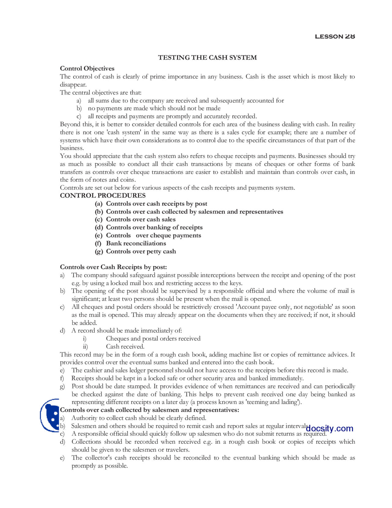 Testing The Cash System-Fundamentals of Auditing-Lecture Notes | Study ...