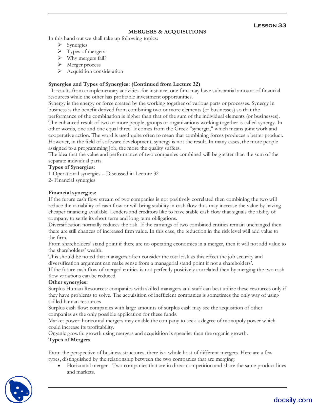 Lecture 33 Mergers And Acquisitions Corporate Finance Lecture Notes