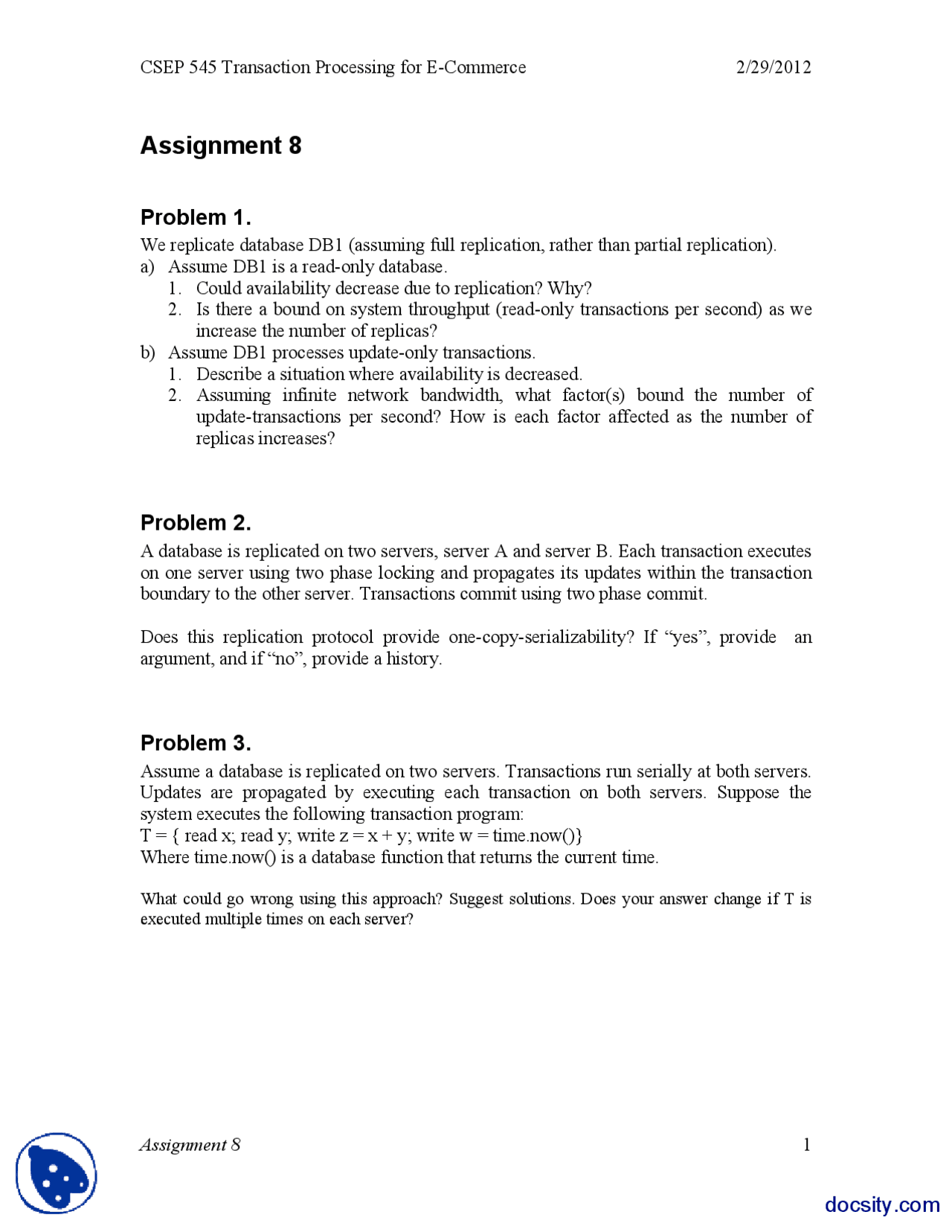 Database Replication Transaction Processing For E Commerce Assignment