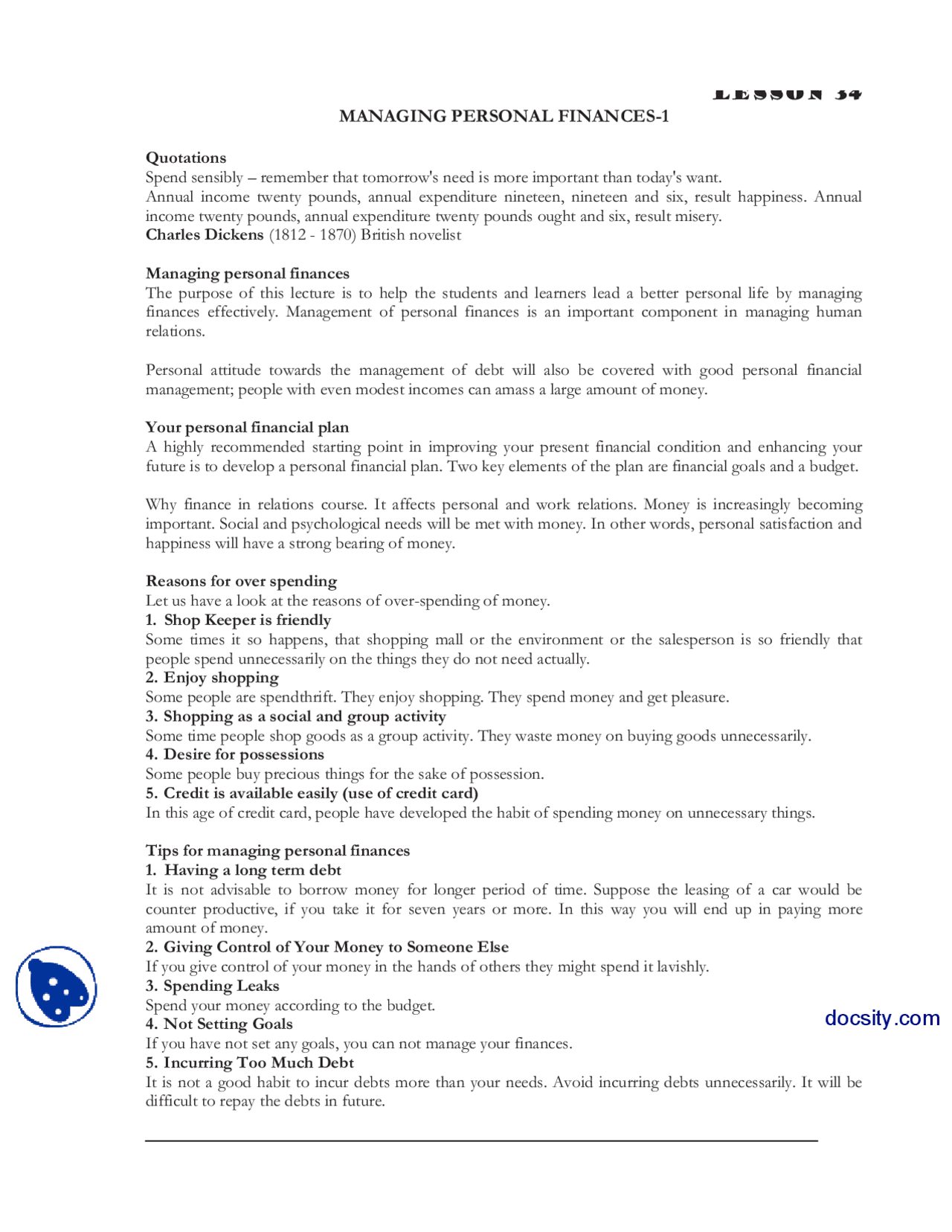 Managing Personal Finances Lec1 Human Relation Lecture Notes Docsity