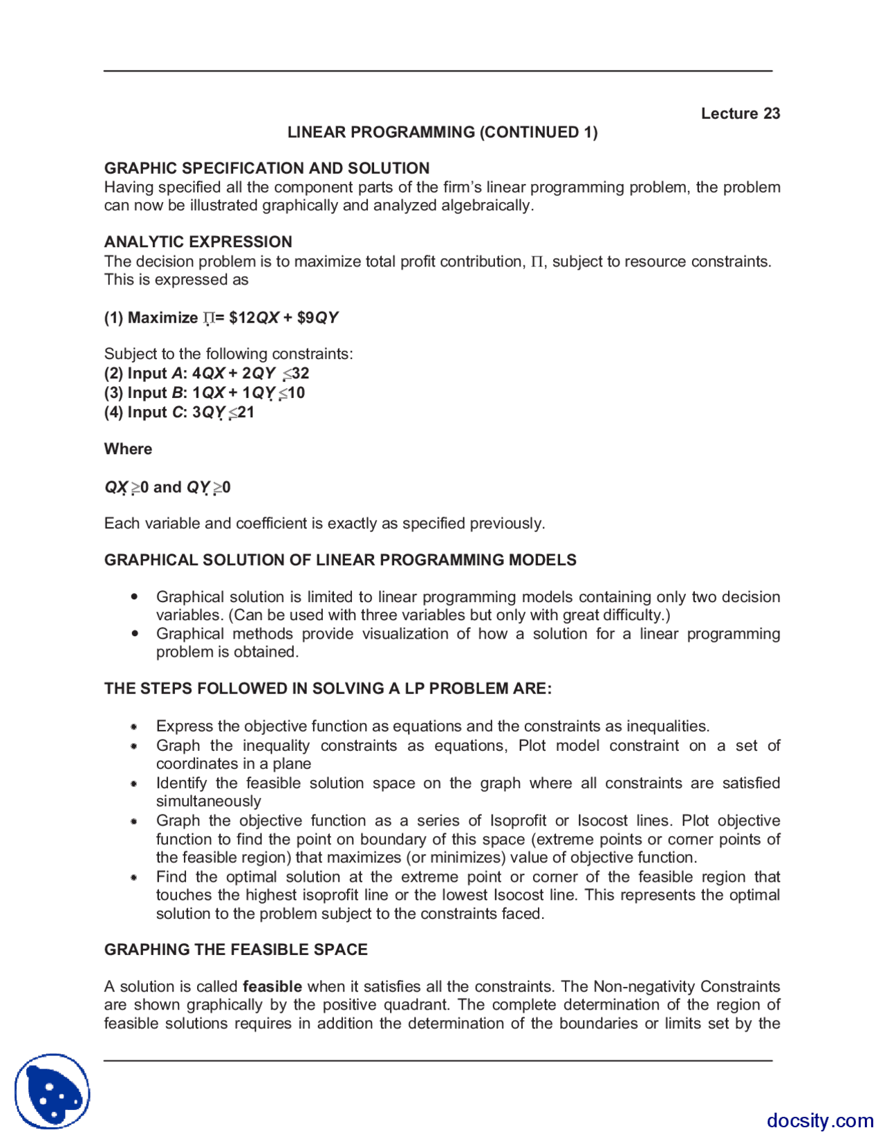 Linear Programming Continued 1 Managerial Economics Lecture Notes Docsity
