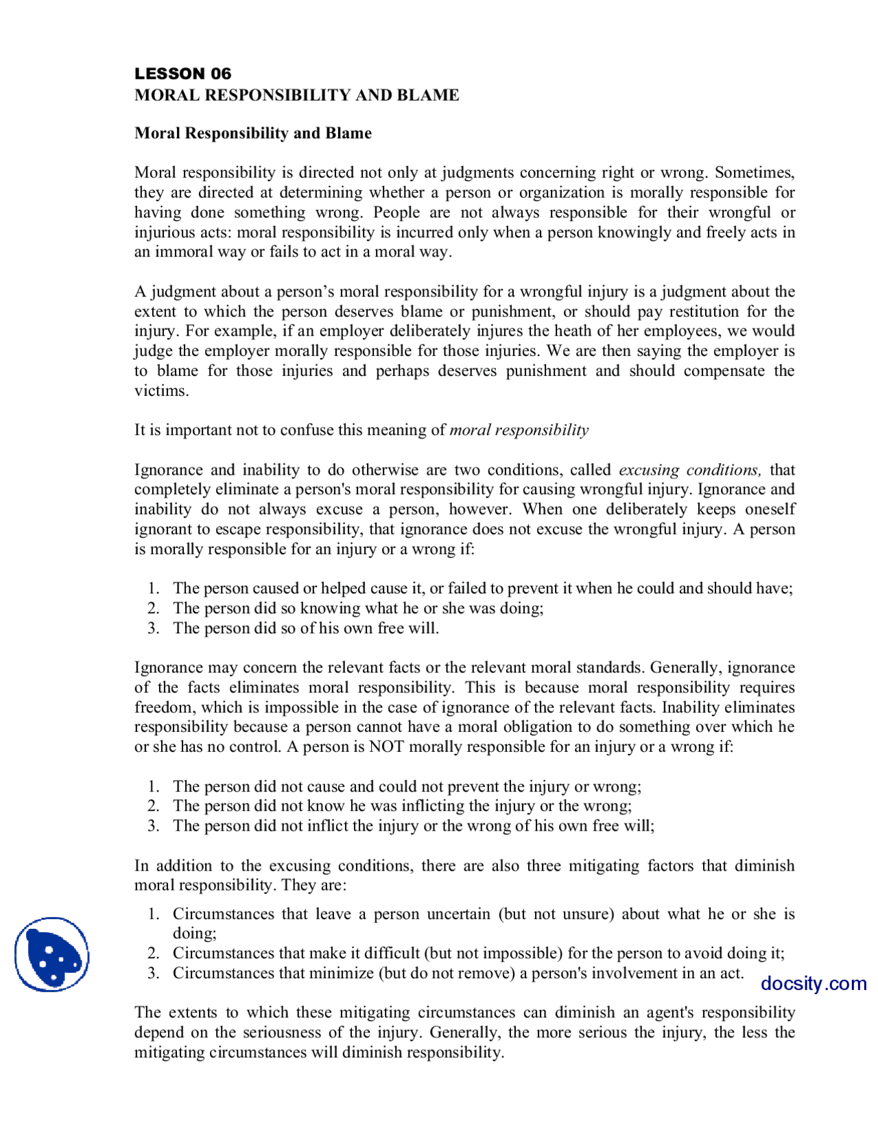 Moral Responsibilities And Blames-Business Ethics-Lecture Notes | Study ...