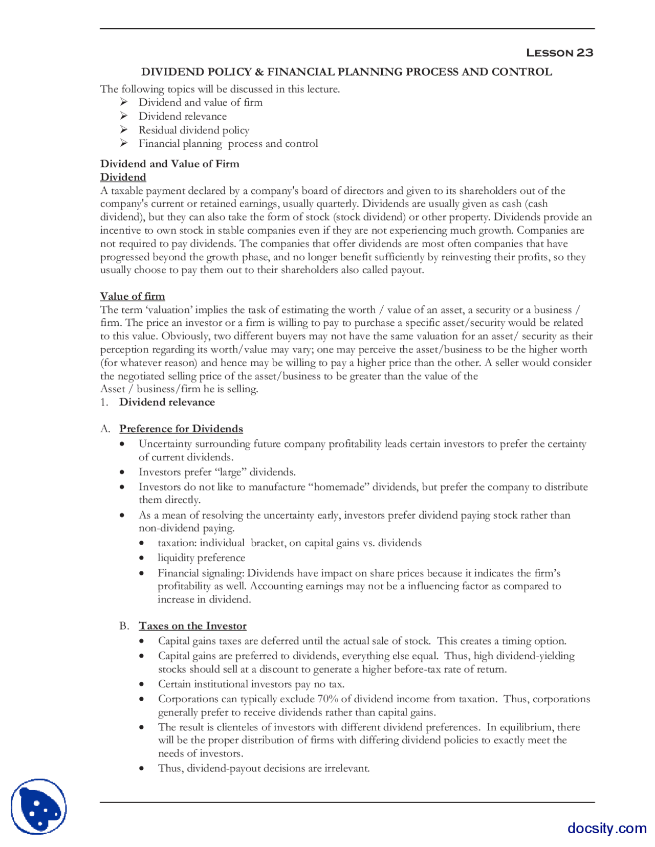 Lecture 23 Dividend Policy Corporate Finance Lecture Notes Docsity