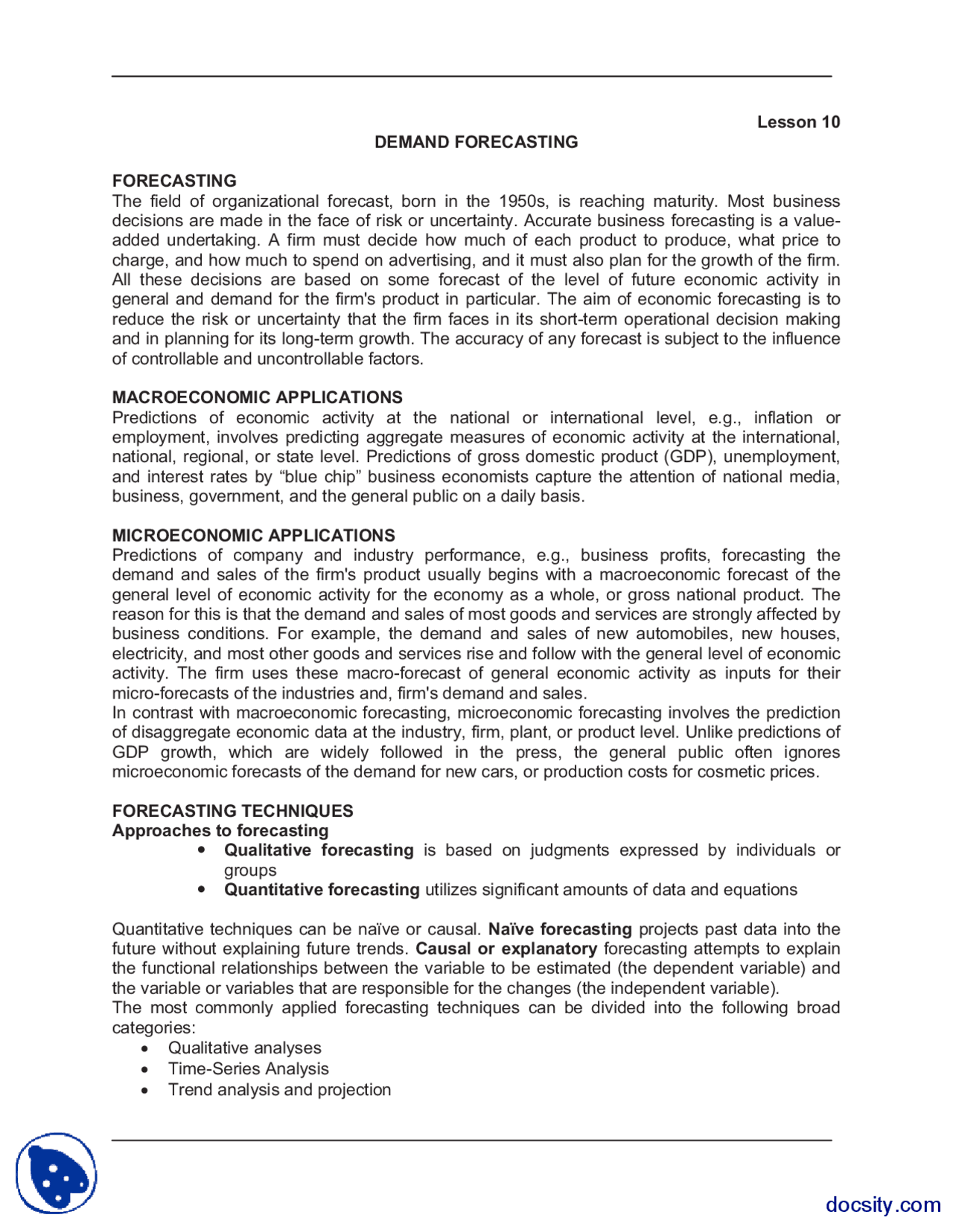 Demand Forecasting Managerial Economics Lecture Notes Docsity