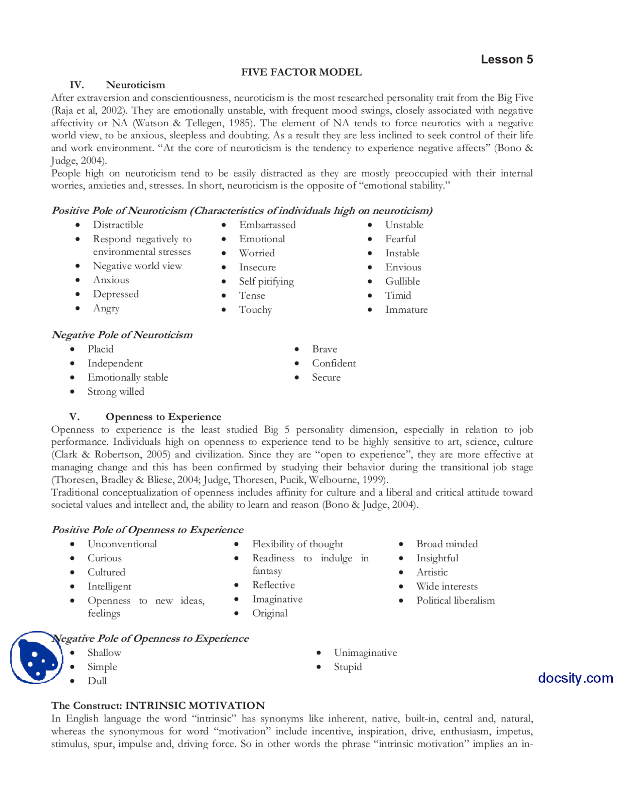 Five Factor Model-Human Resource Managment-Lecture Notes - Docsity