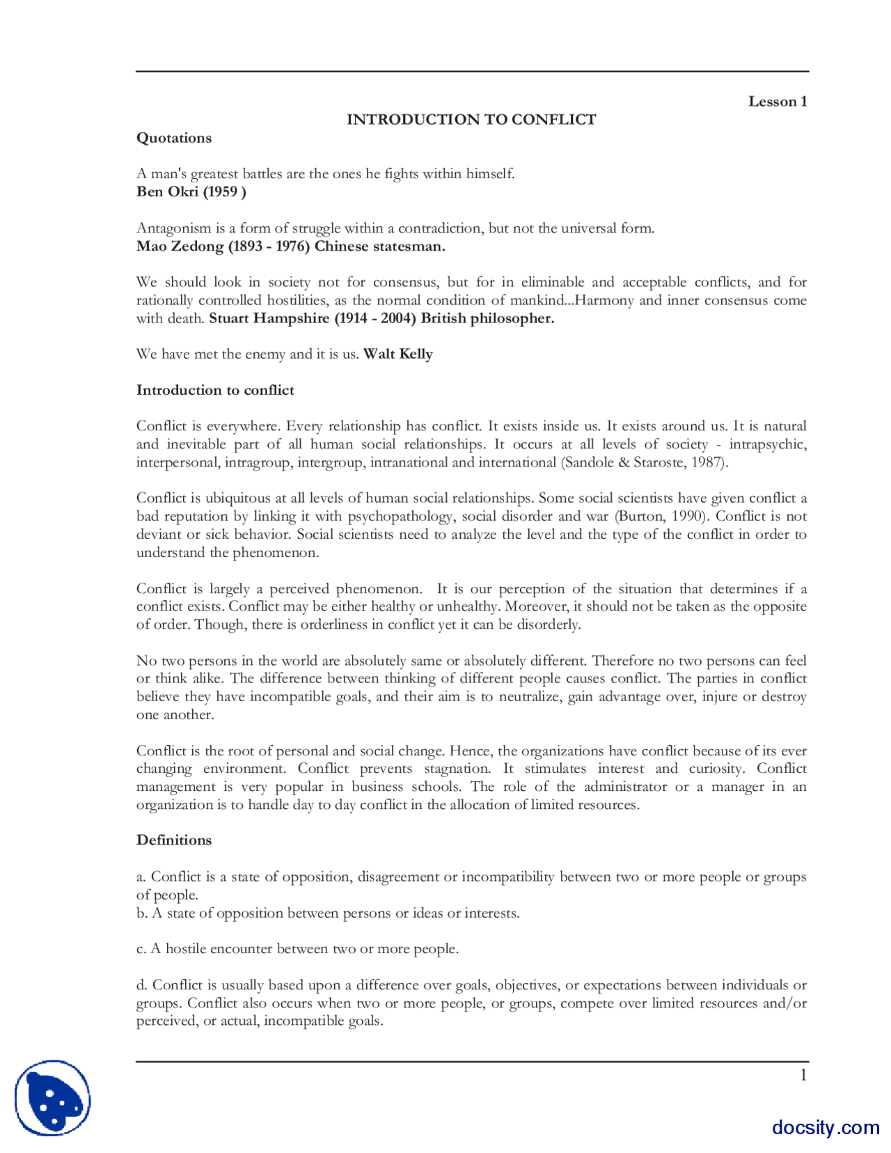 Lecture 1, Introduction-Conflict Management-Lecture Notes | Study notes ...